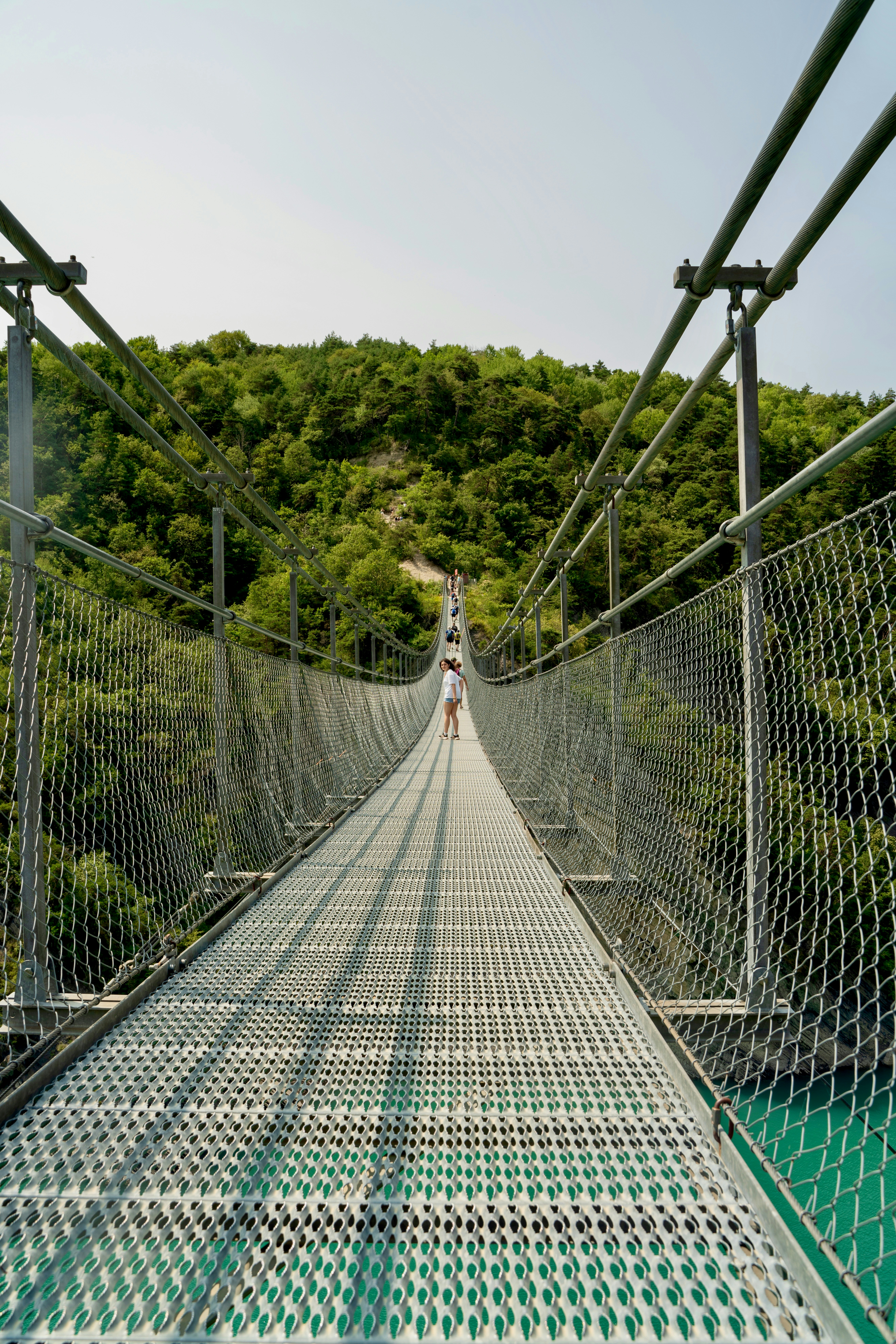 Centerline Crossing: A Solo Traveler Toward a Verdant Horizon on a Narrow Suspension Bridge