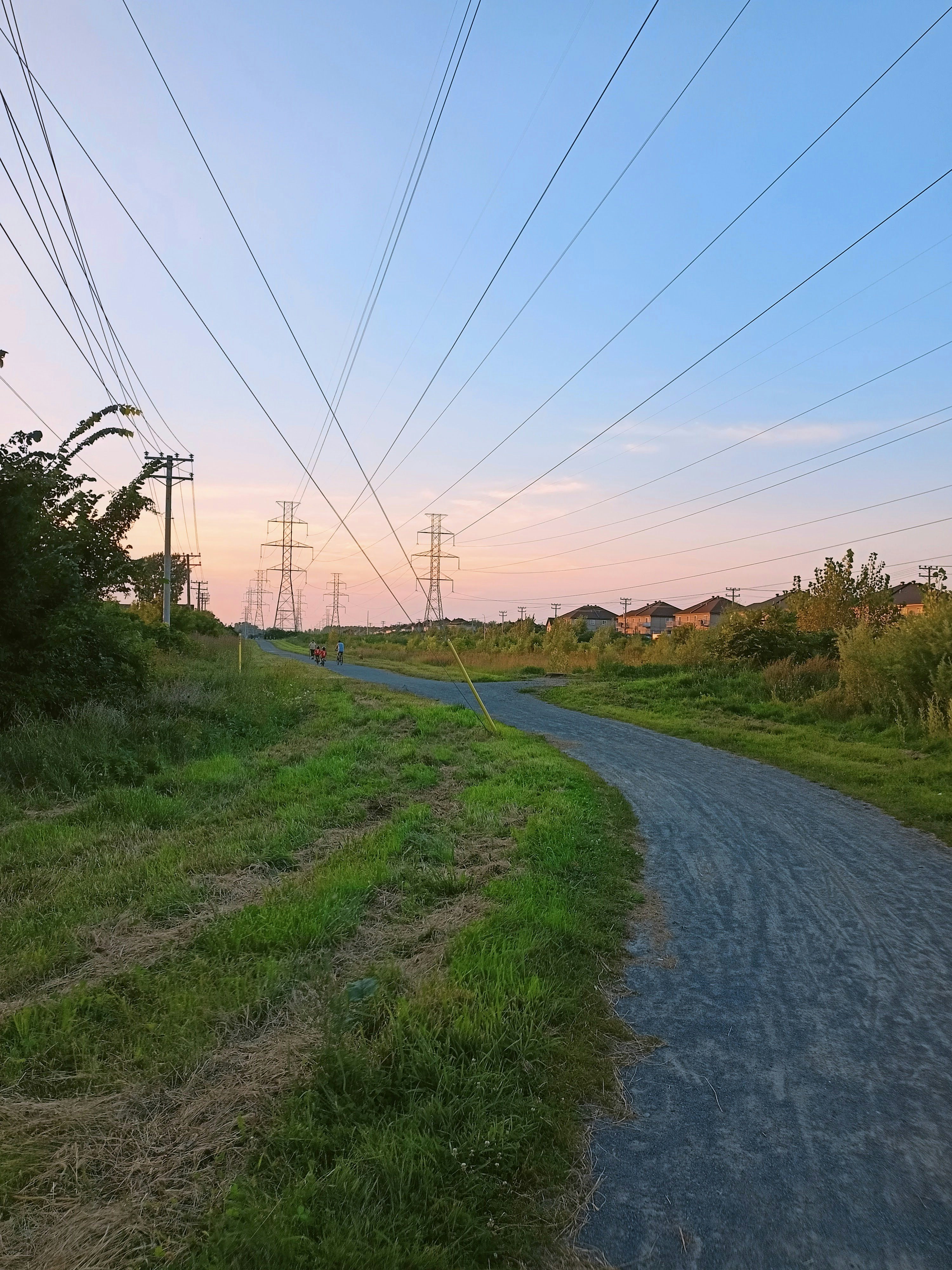 Gravel path winds through a grassy landscape toward a distant horizon, with power transmission lines crossing the sky during a pastel sunset.