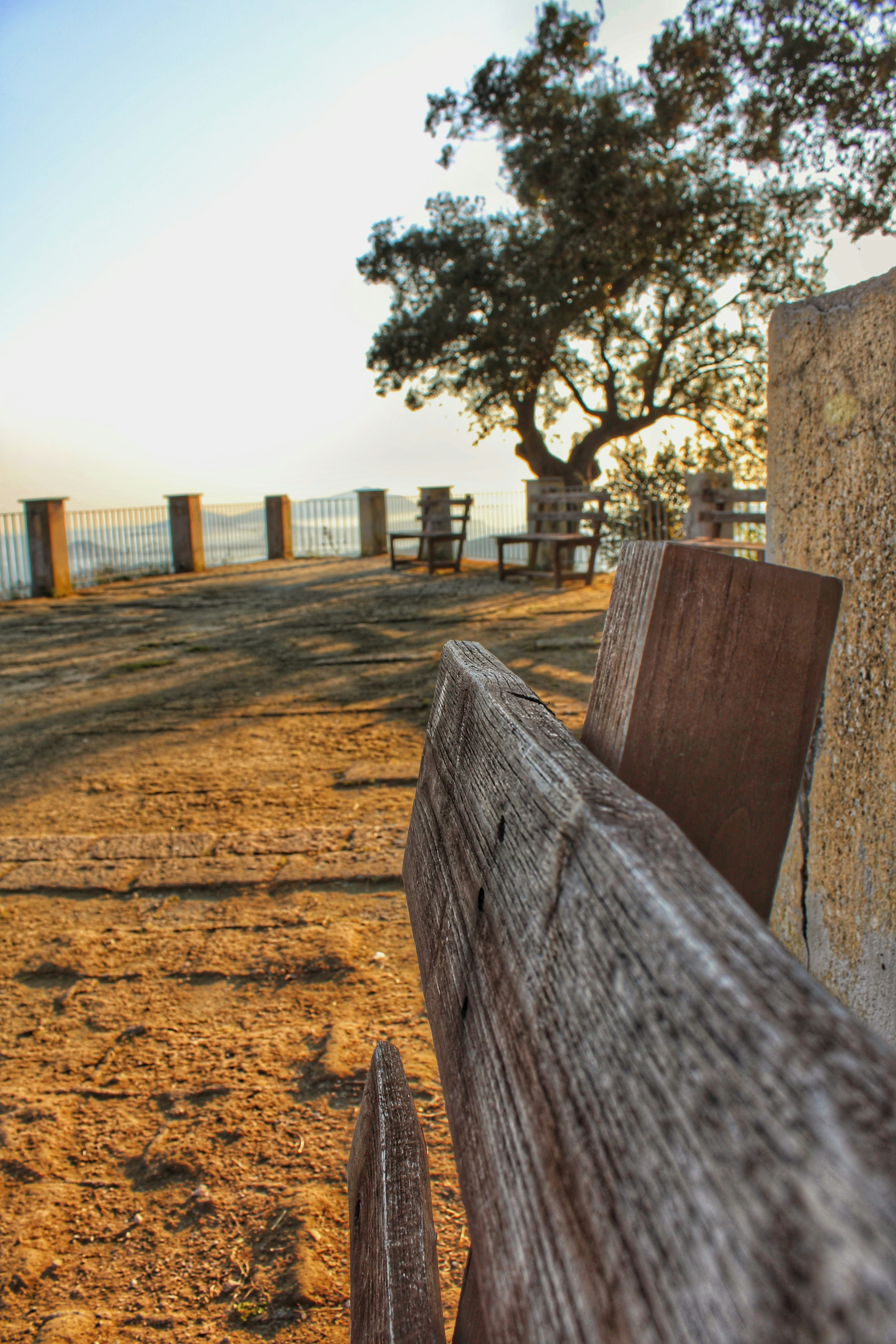 Rugged railing leading to a sunlit overlook at golden hour