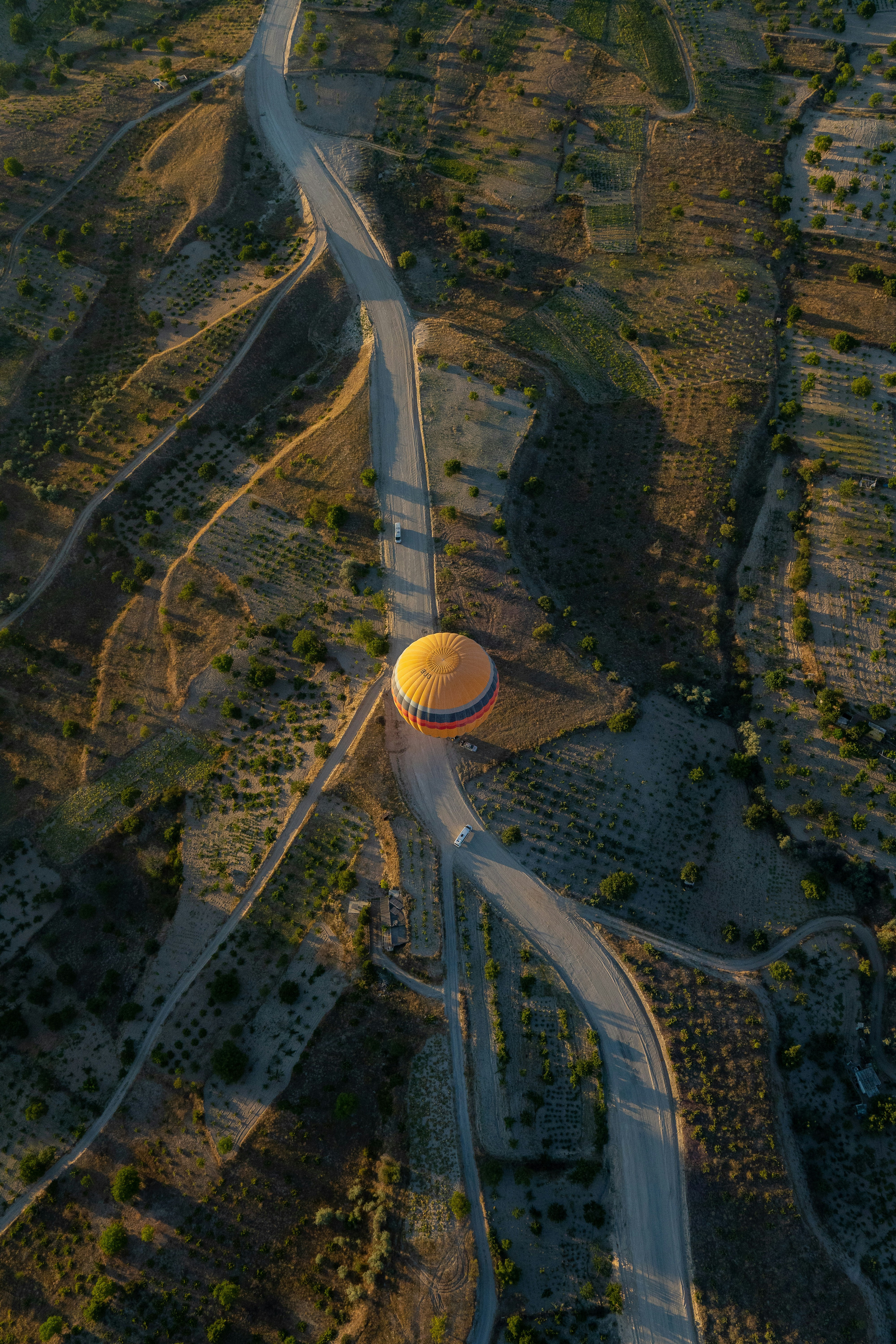Floating Beacon: A Golden Balloon Hovering Over Winding Mountain Road