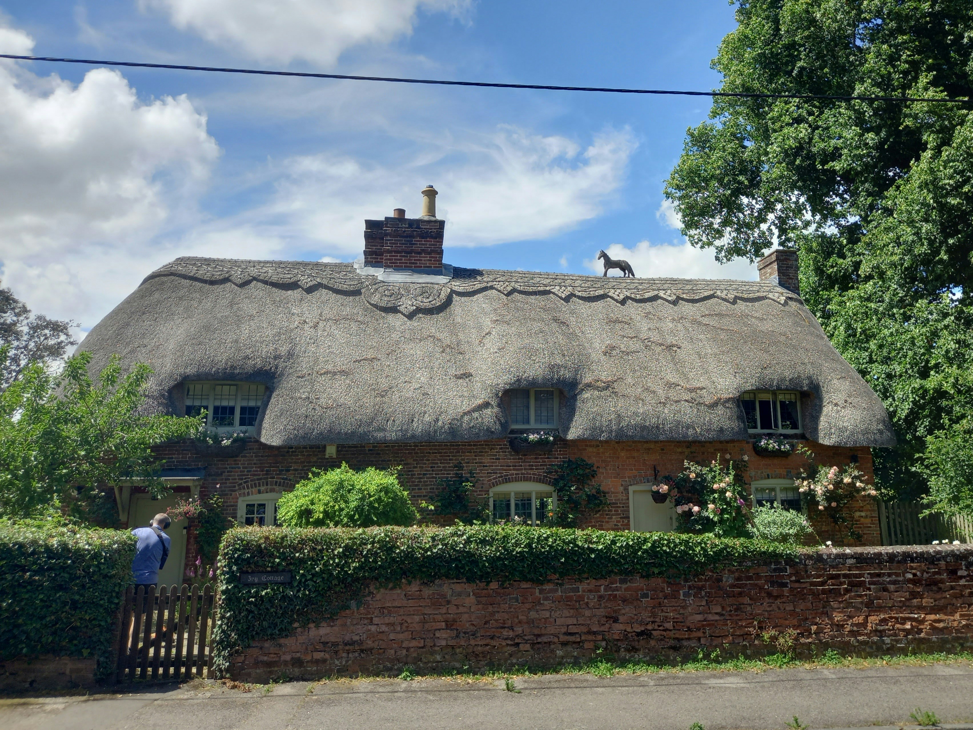 Charming thatched-roof cottage adorned with flowers, featuring a playful cat on the roof. Lush greenery surrounds the quaint home.