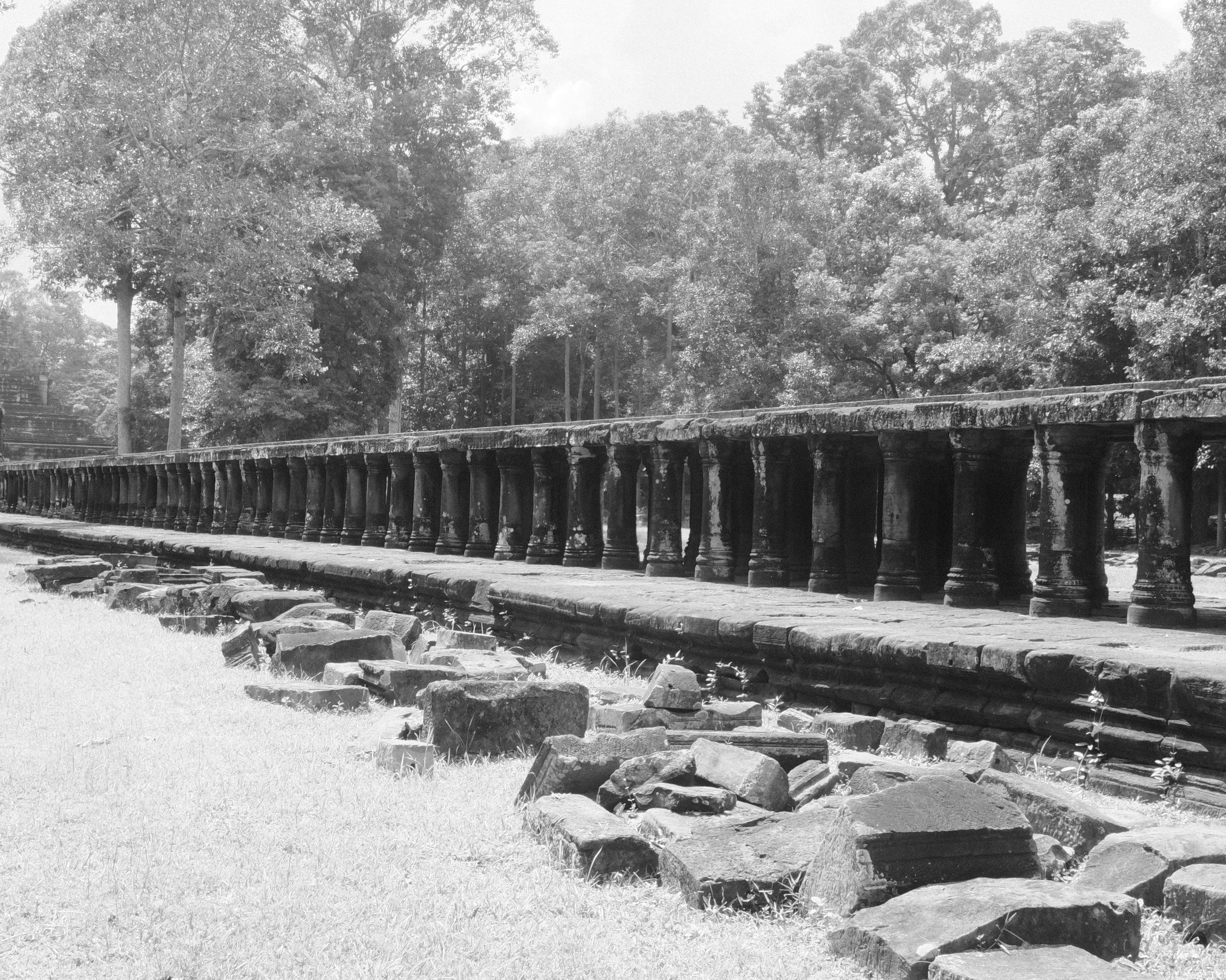 Monochrome Colonnade: Stone Piers Receding Along a Rocky Shore