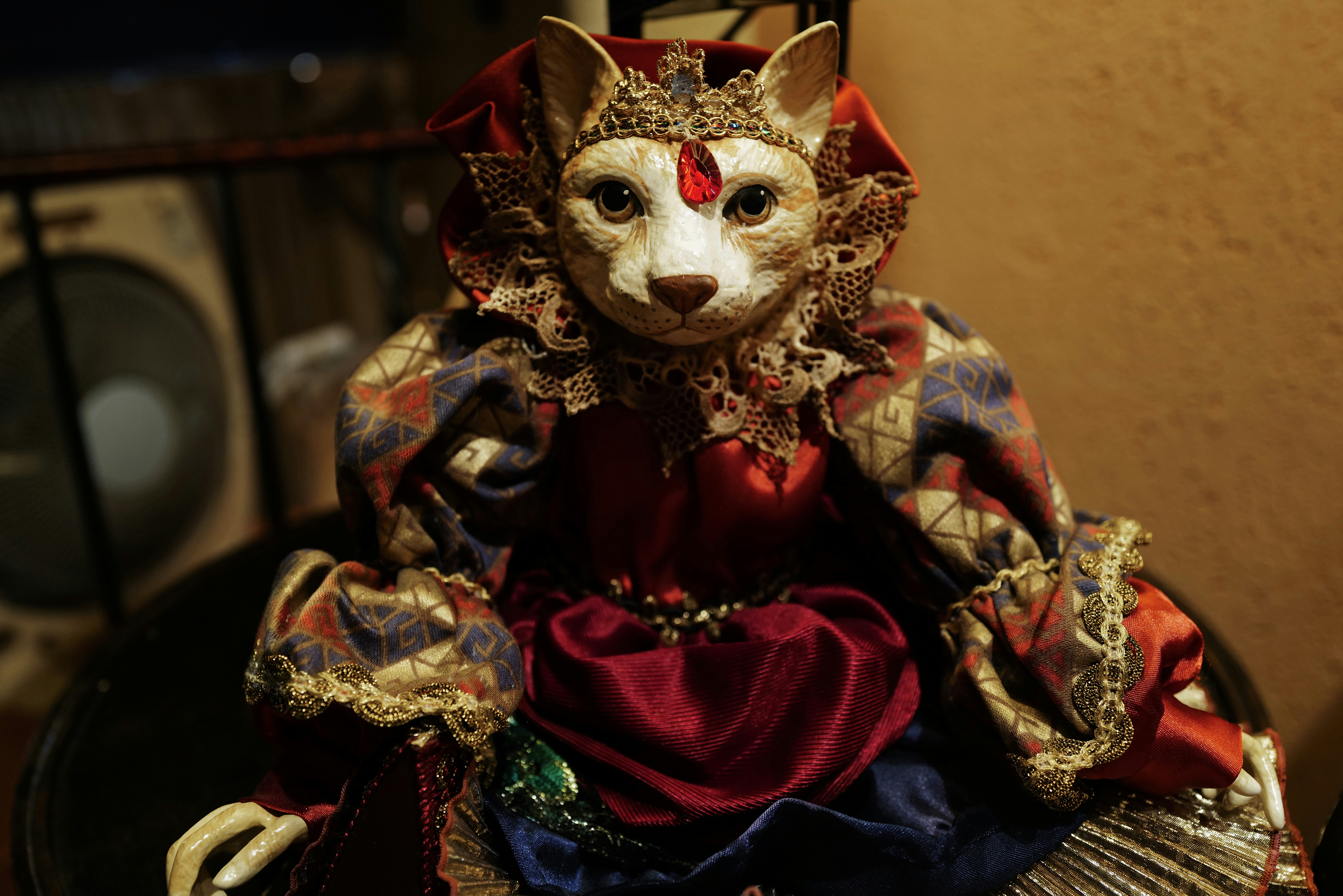 Regal Cat-Faced Marionette in Velvet and Lace