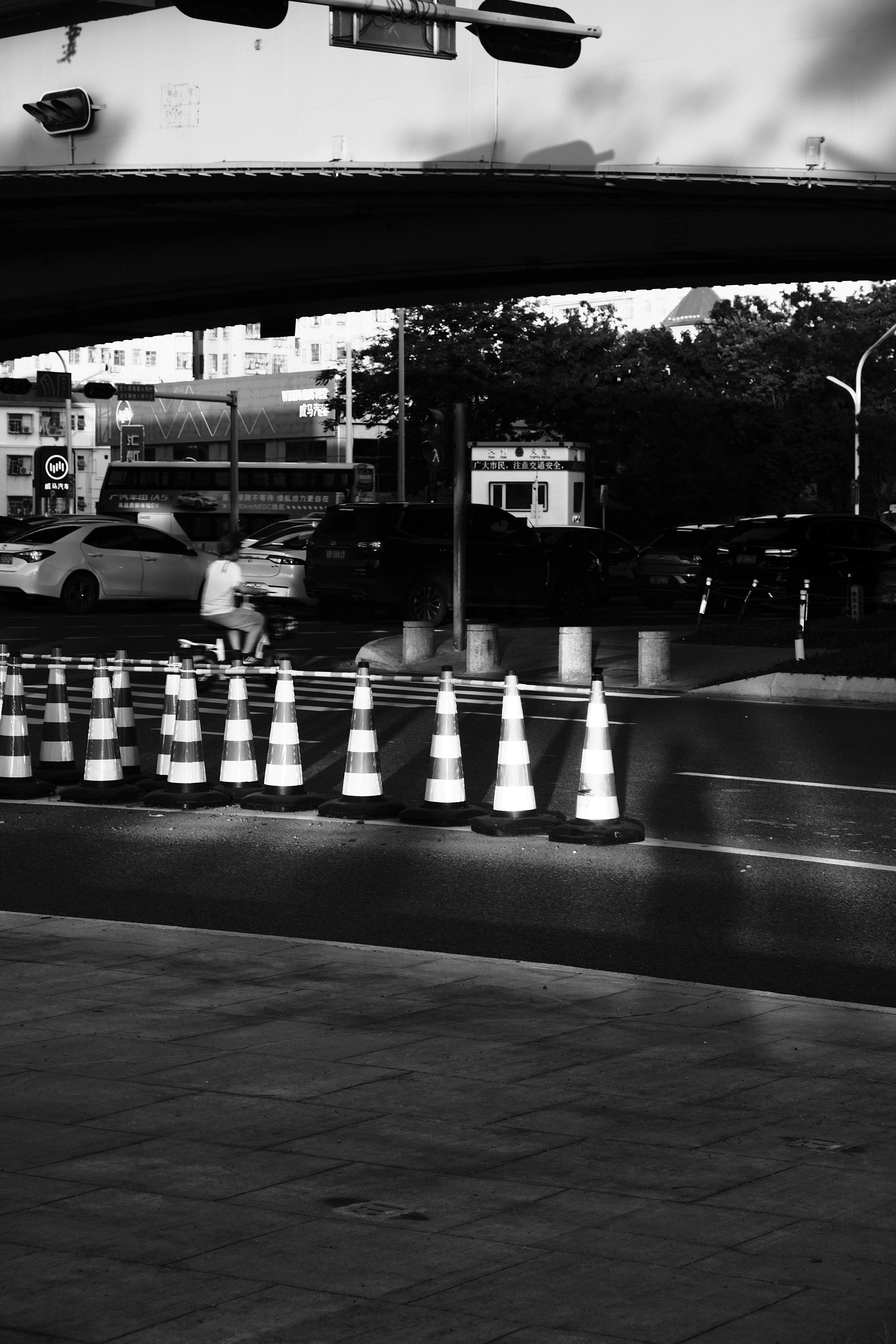 Cones, Shadows, and a Blurred Cyclist: A Street Study in Monochrome