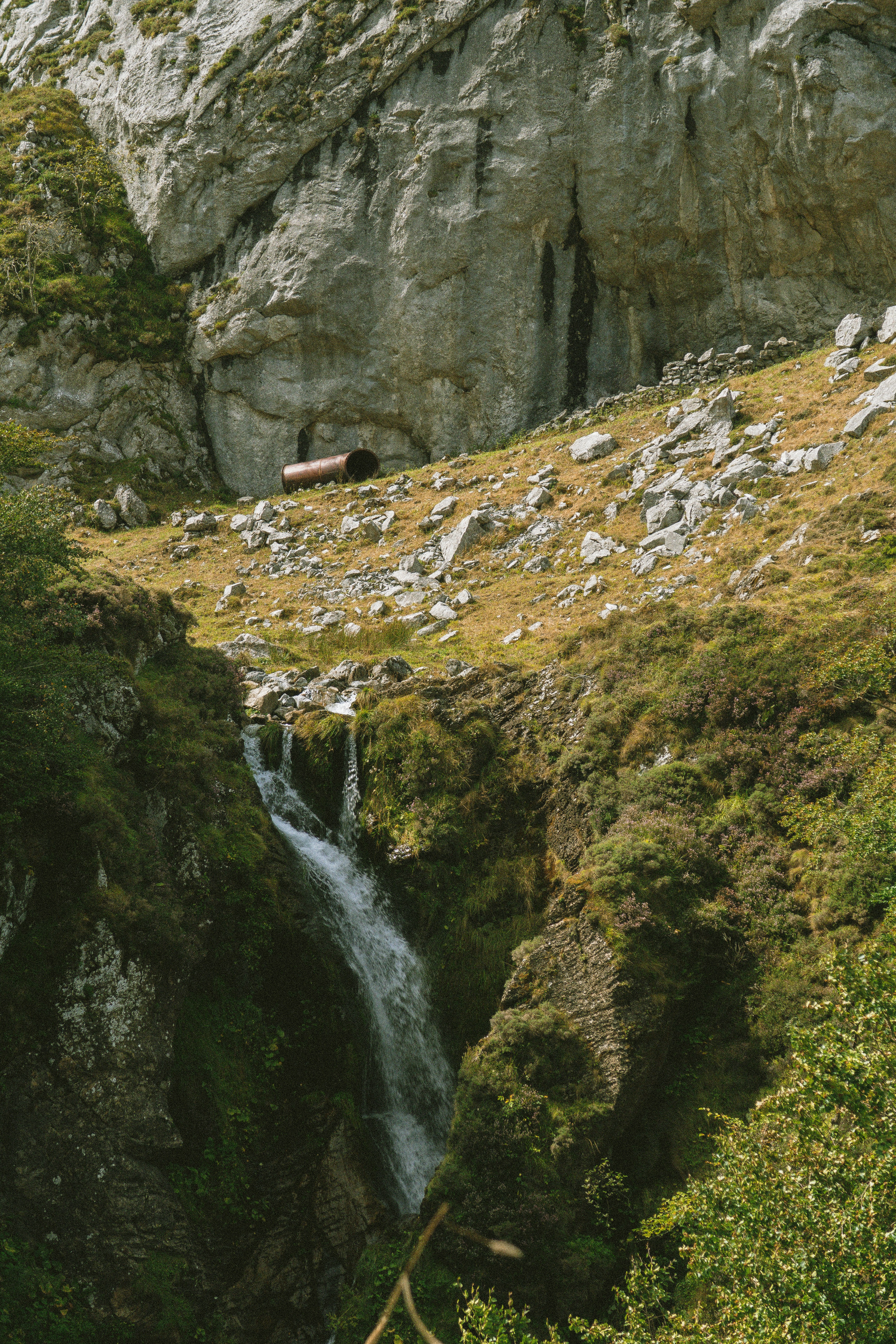 Rusted Pipe Above a Moss-Kissed Gorge