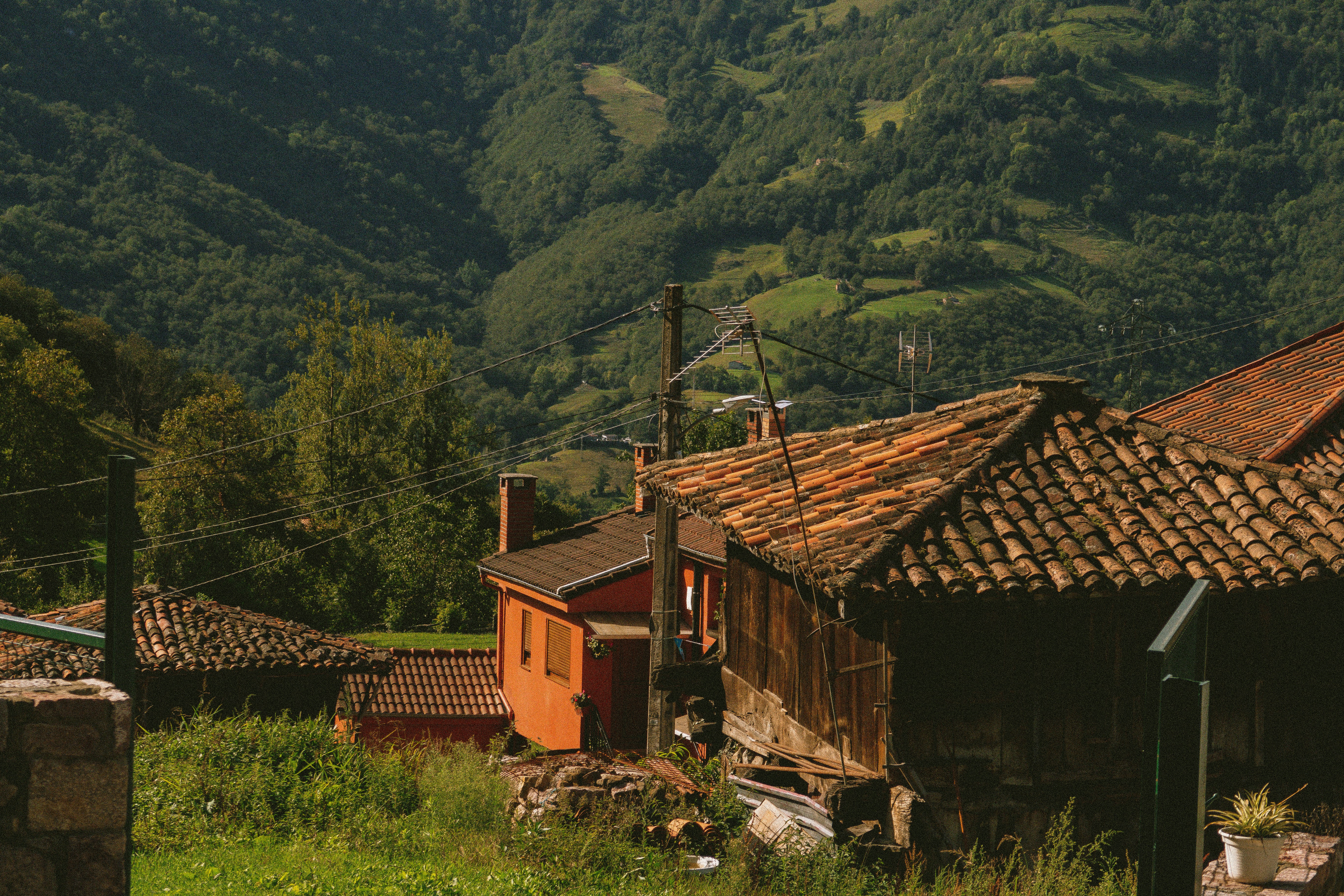 Red-roofed houses nestled in a lush green valley under a clear sky.