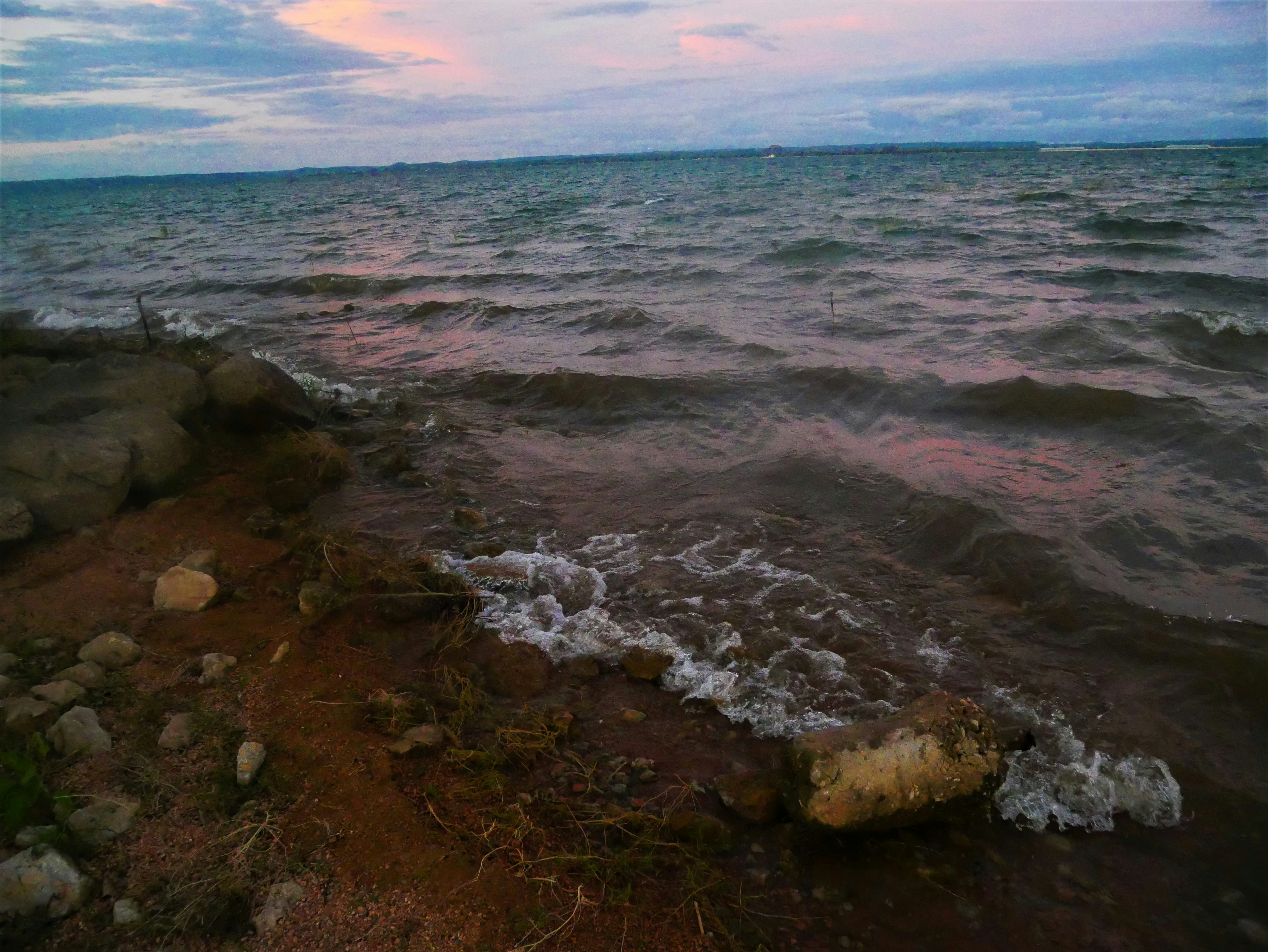 Rugged Shoreline at Dusk: Stones, Foam, and a Pink-tinged Horizon