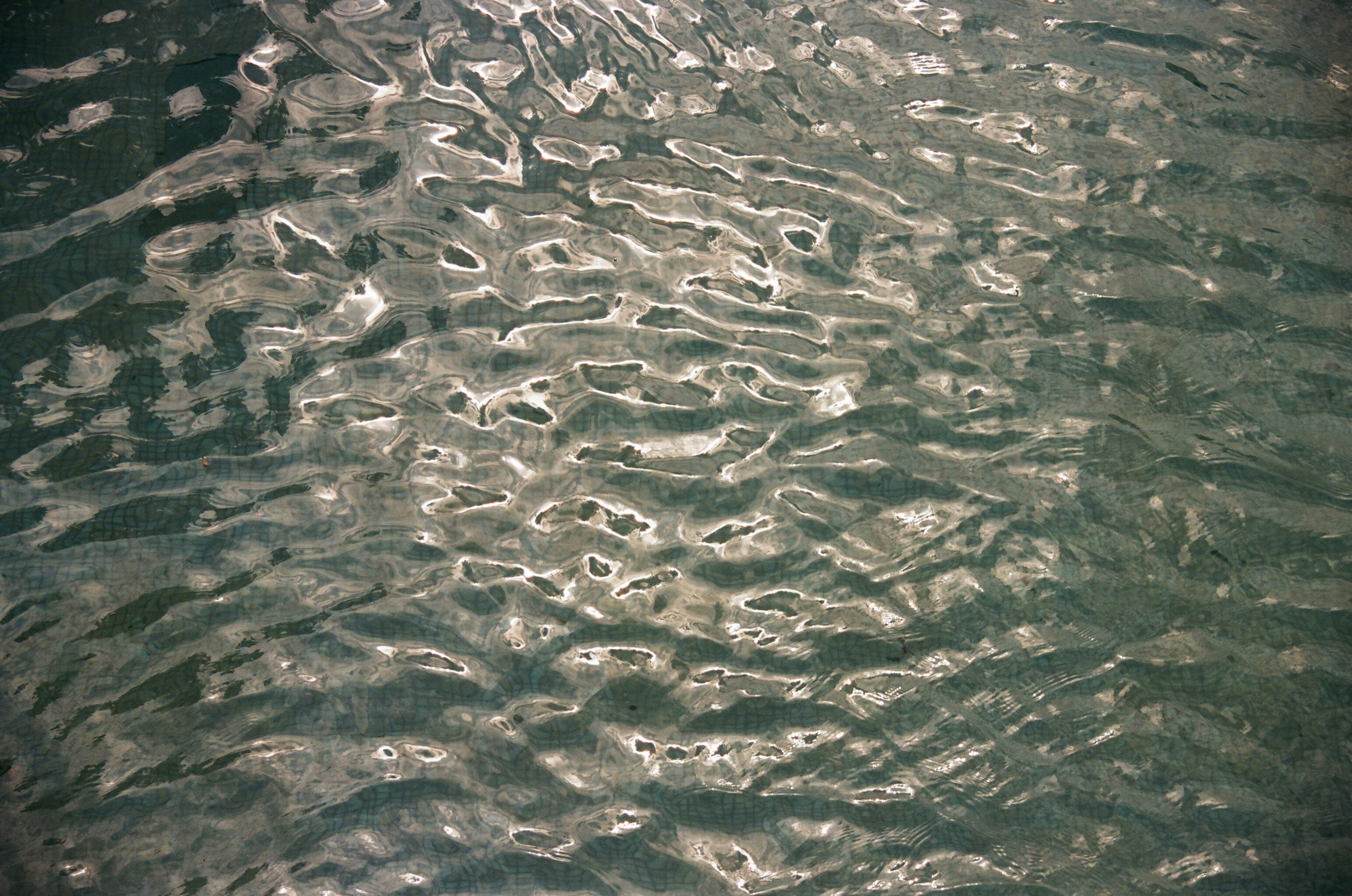 Textured water surface photograph with irregular ripples catching light, creating a mosaic of highlights. The scene emphasizes surface pattern and movement.