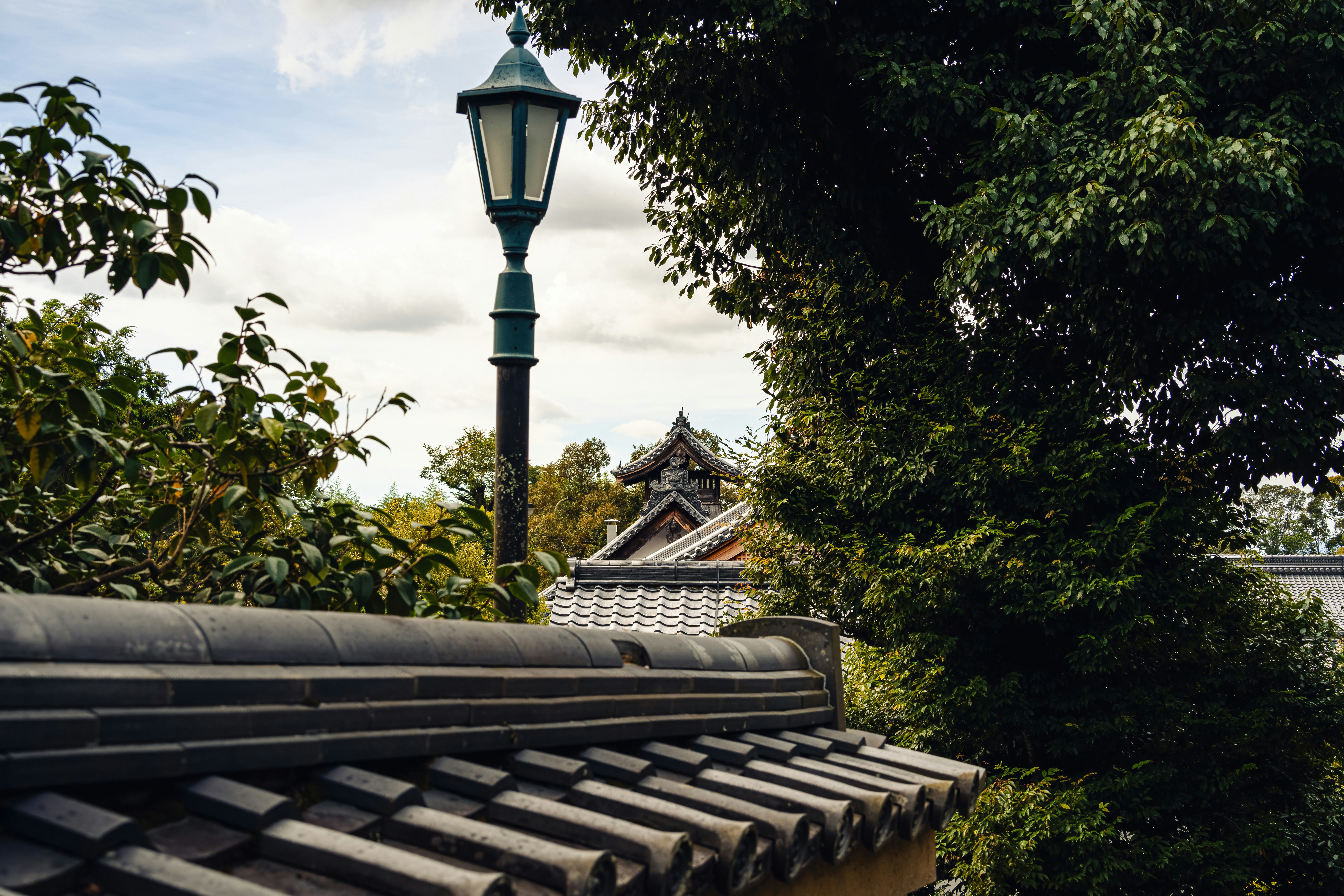 Lamppost over tiled wall: a quiet scene of traditional architecture framed by trees