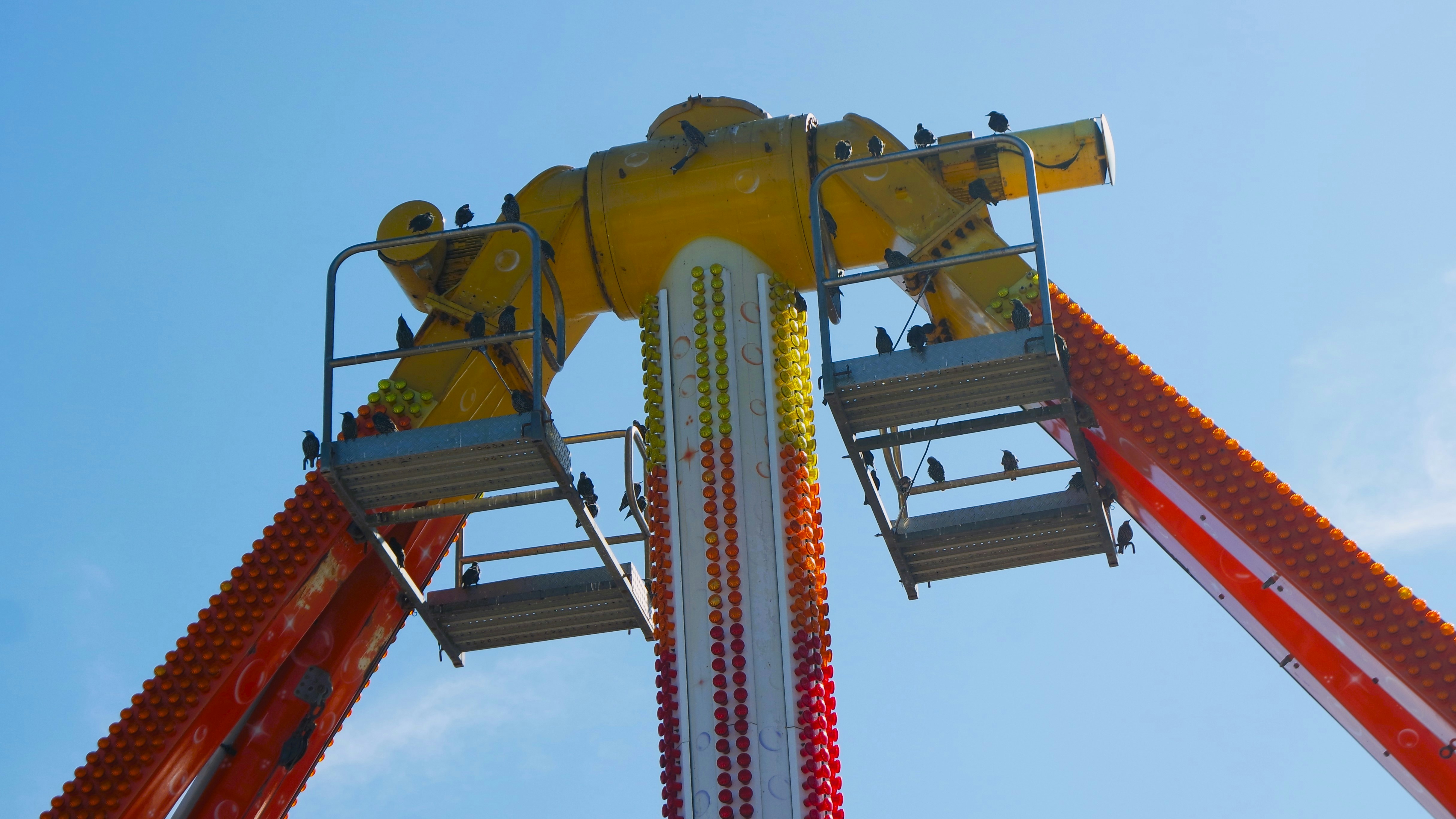 Skyward Arches: The Yellow-Crest Carnival Ride Ascends Against a Clear Blue Sky