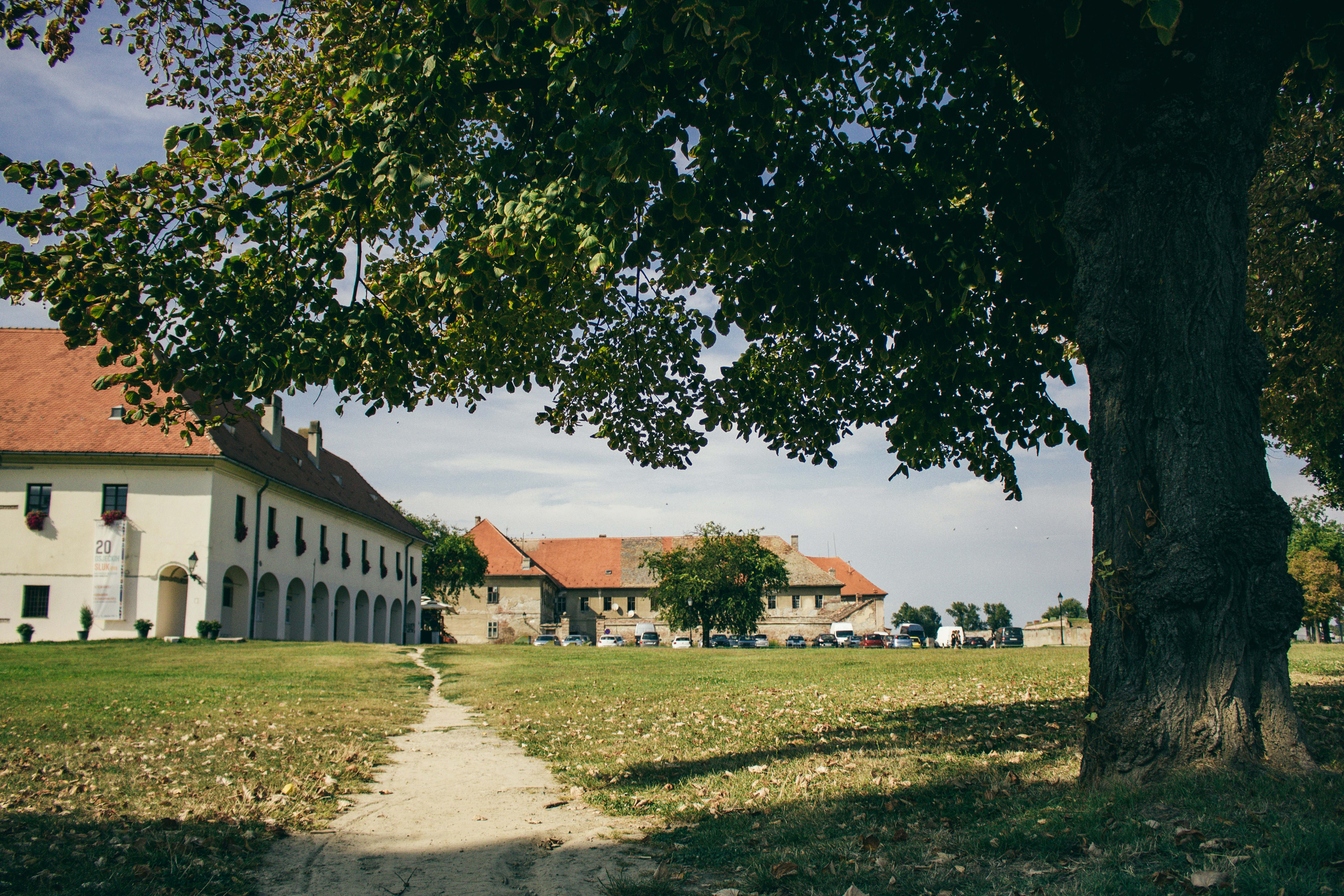 Sunlit Path Toward the Red-Tiled Campus Arcade