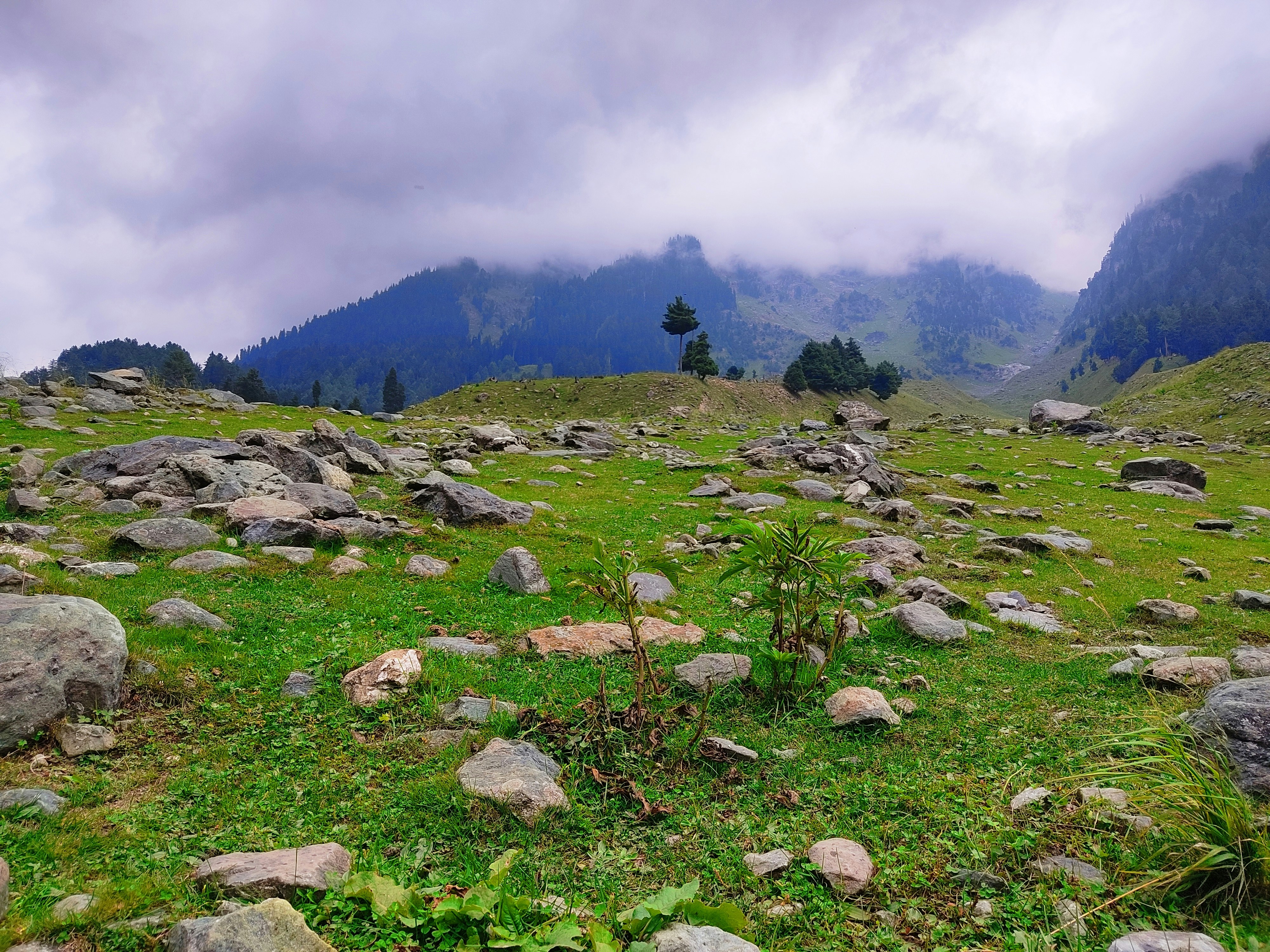 Rock-strewn green valley with distant mountains shrouded in clouds.