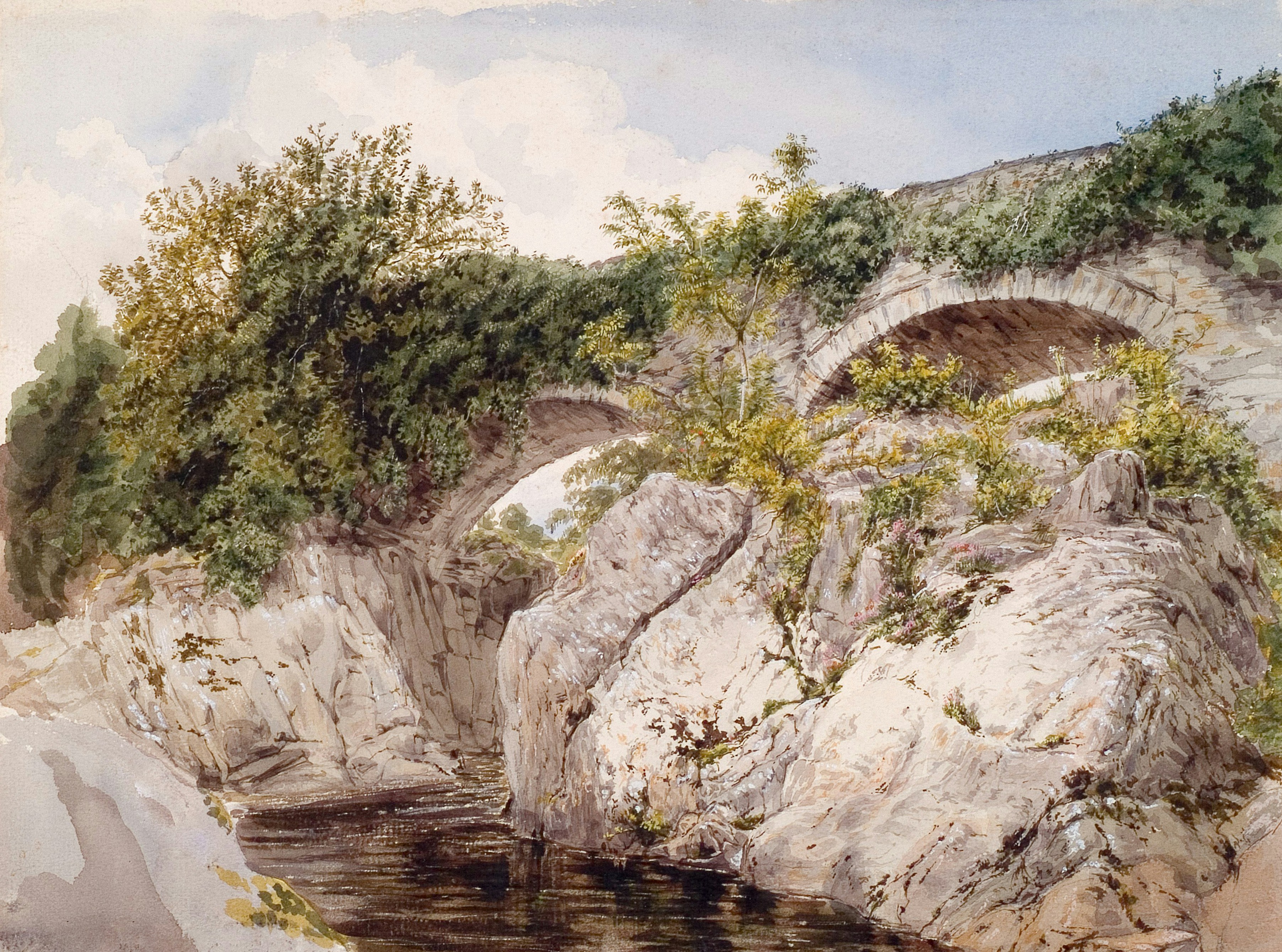 Stone Arch in Dappled Light: A Watercolor River Gorge