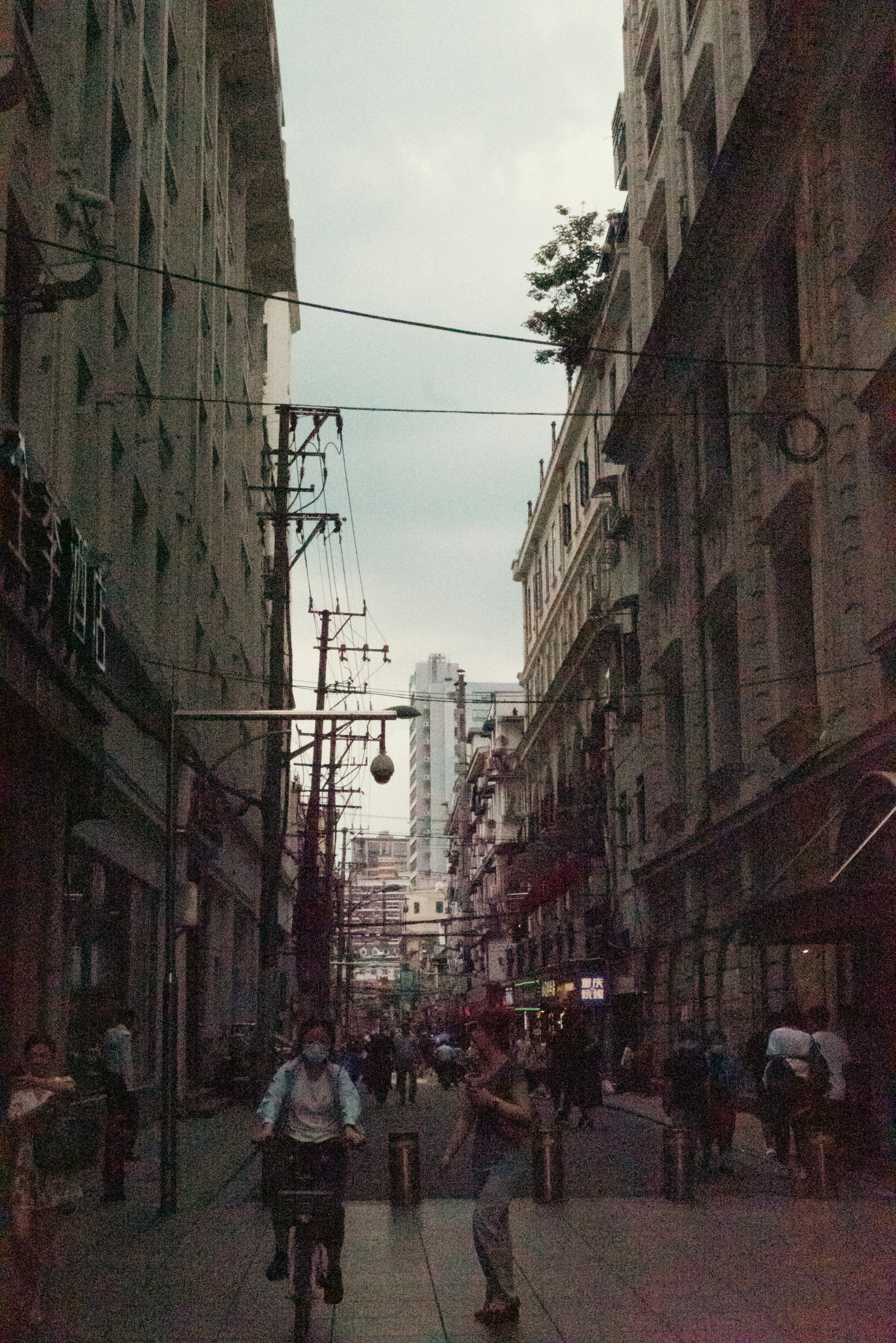 Iron Wires and Pedals: A Narrow City Street Under Cloudy Skies