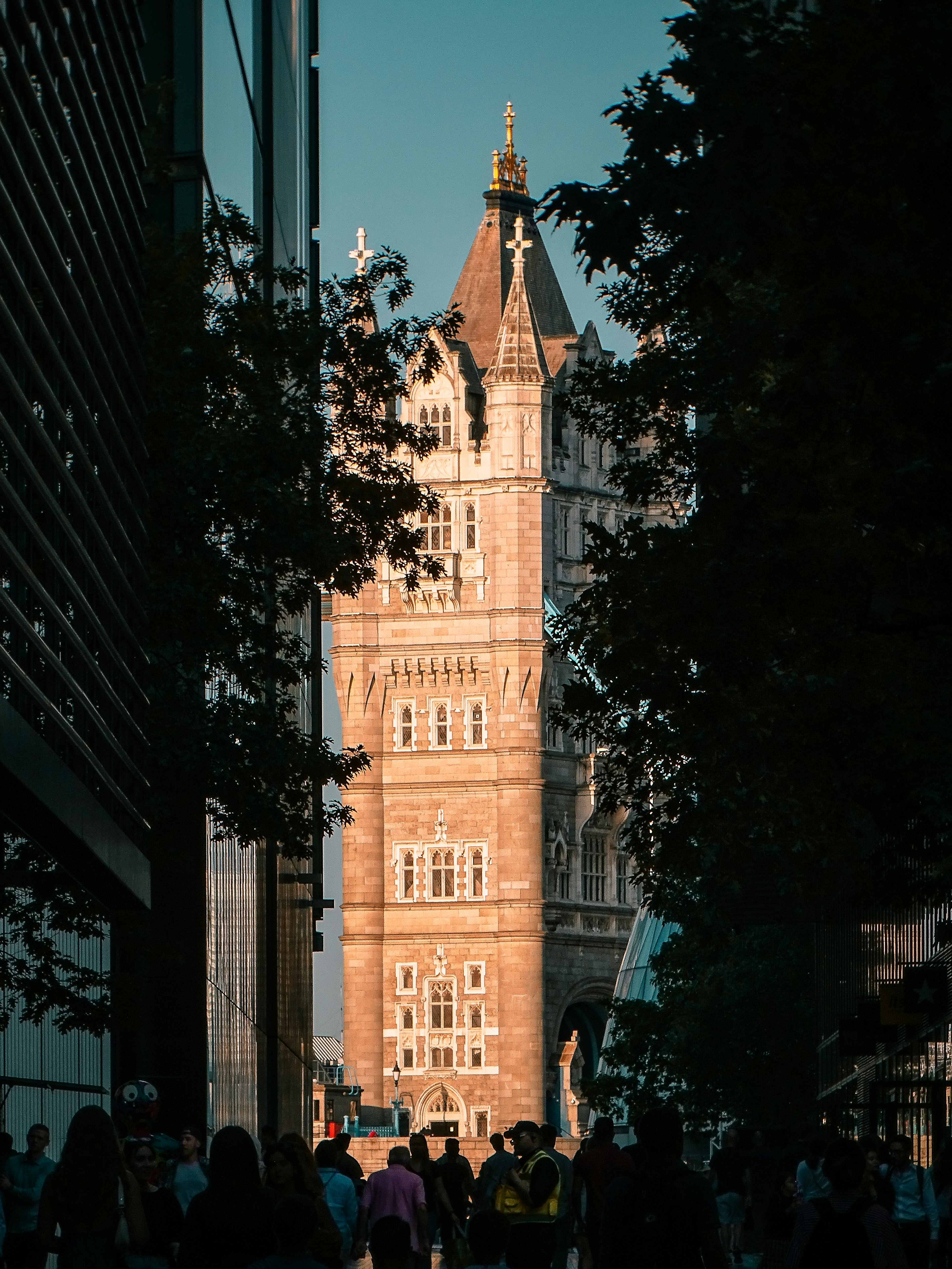 Amber-Brick Gothic Tower Framed by Shadowed City Lanes