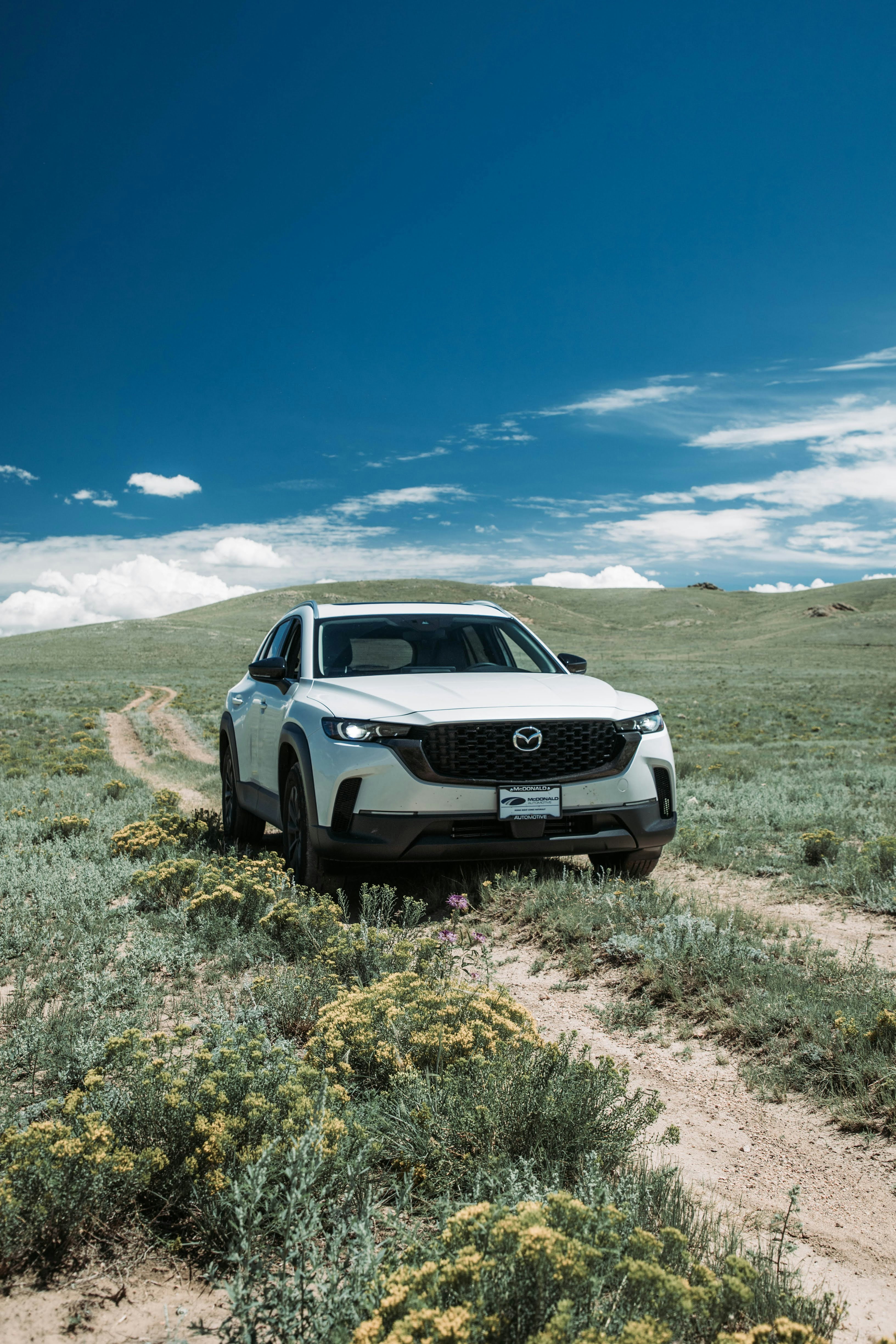 Prairie Crossing: White SUV on a Winding Dirt Trail Beneath a Wide Blue Sky