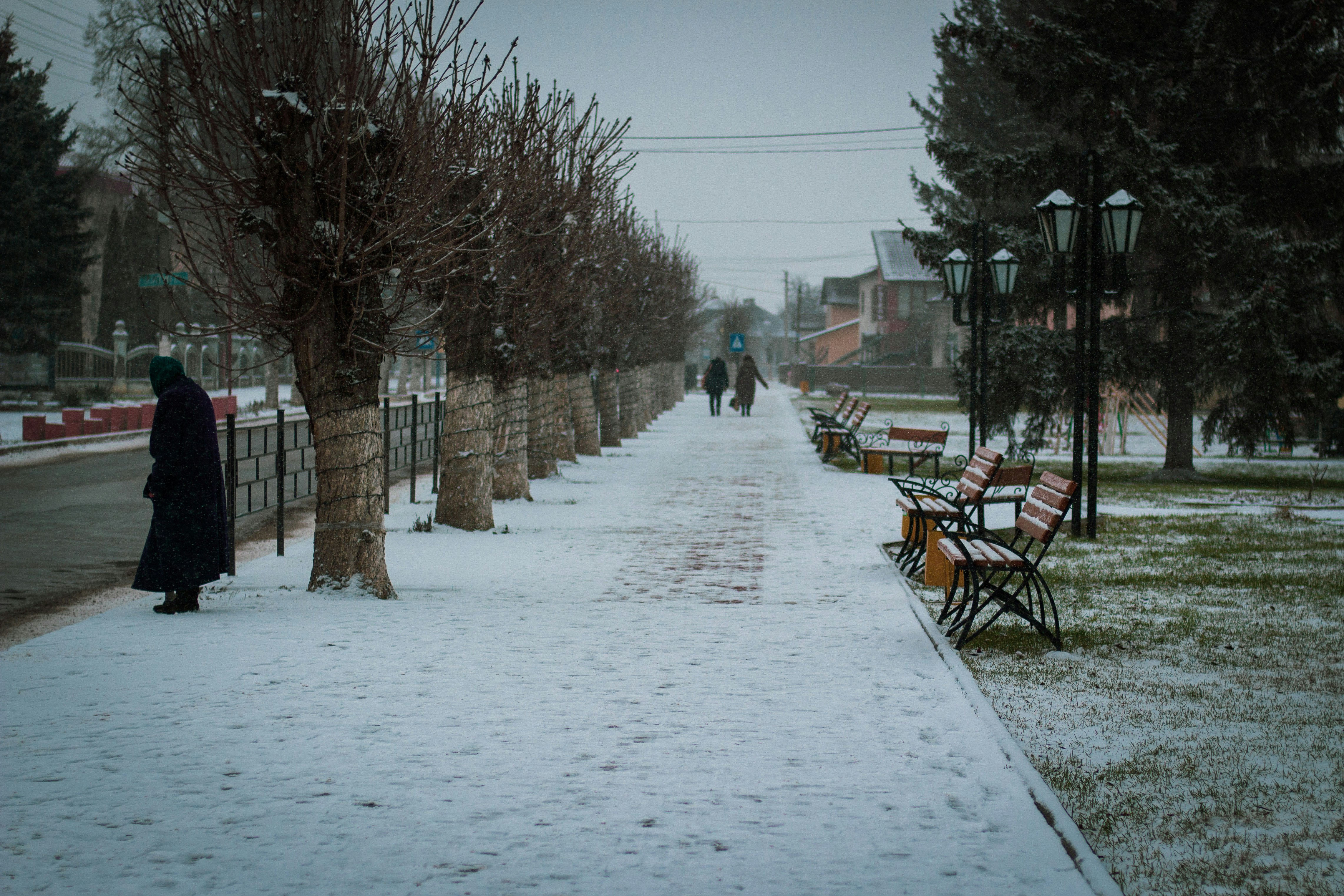 Lone Figure on a Snow-Dusted Promenade