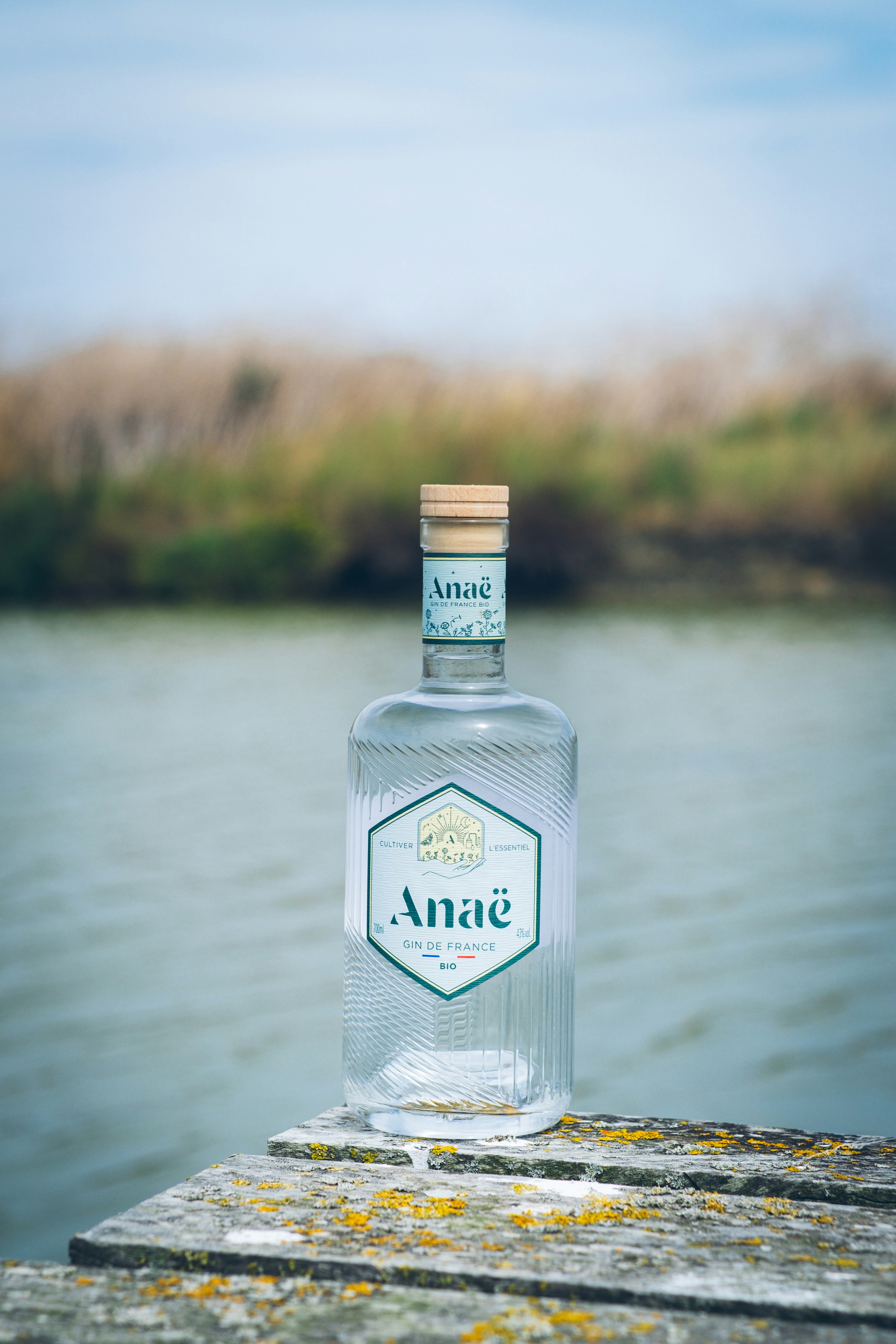 Anaé Gin on a Weathered Dock: Quiet River, Soft-Focused Bottle