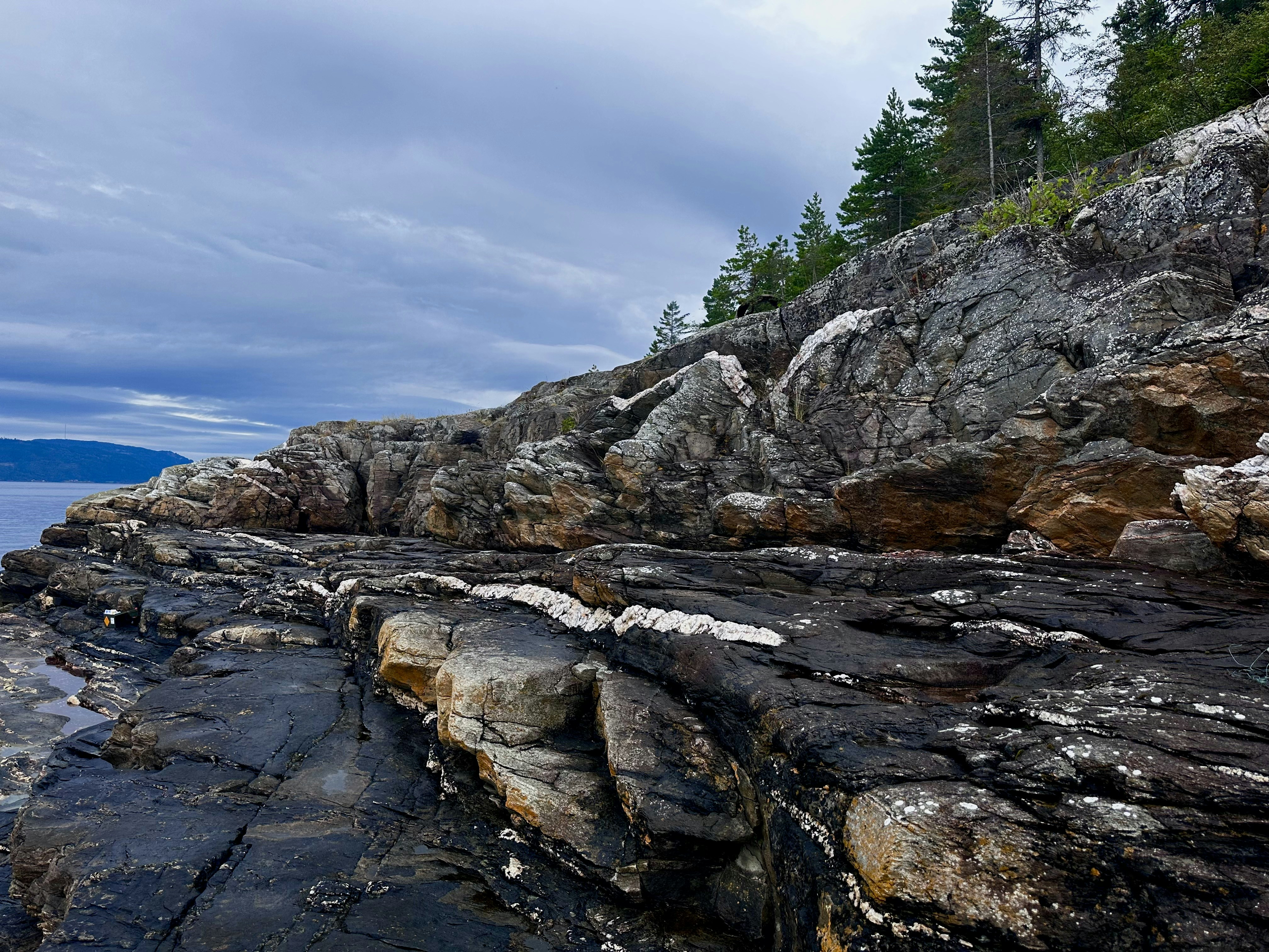 Strata on the Shore: Rugged Coastal Outcrop under Clouded Skies
