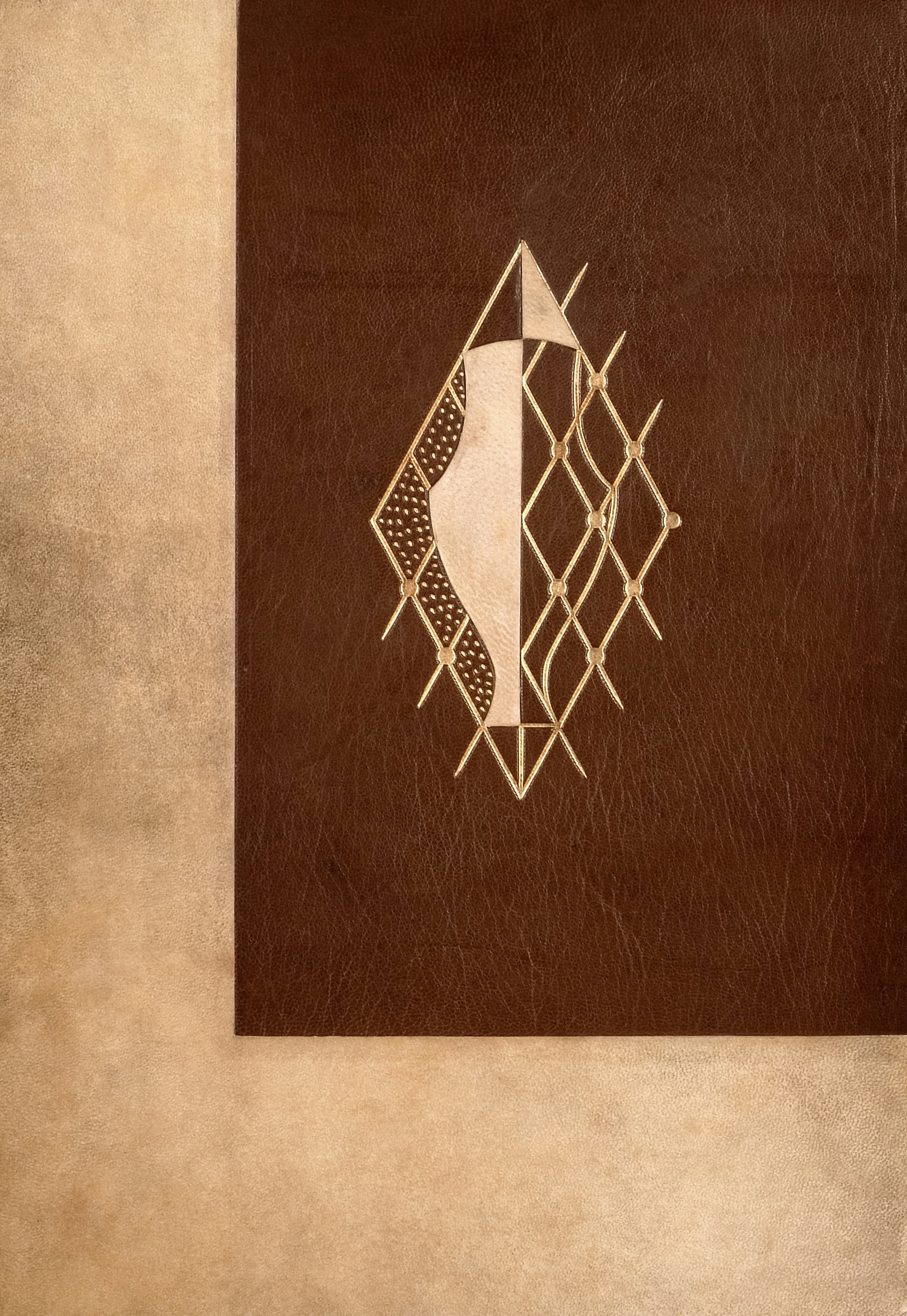 Leather-bound book cover featuring a gold-embossed diamond-lattice logo centered on dark brown leather.