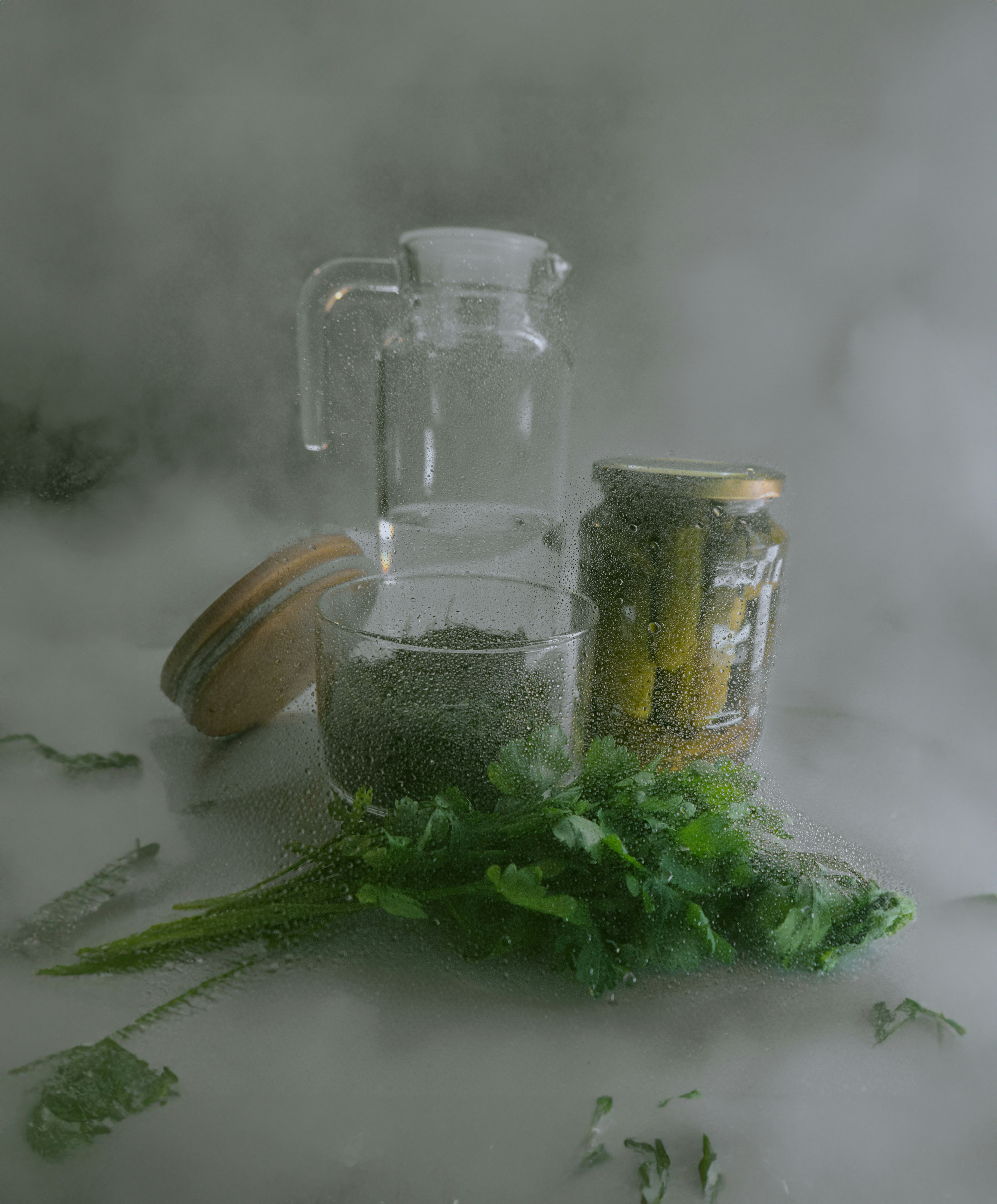 Steam-Fog Apothecary: Glassware and Greens in a Misty Still Life