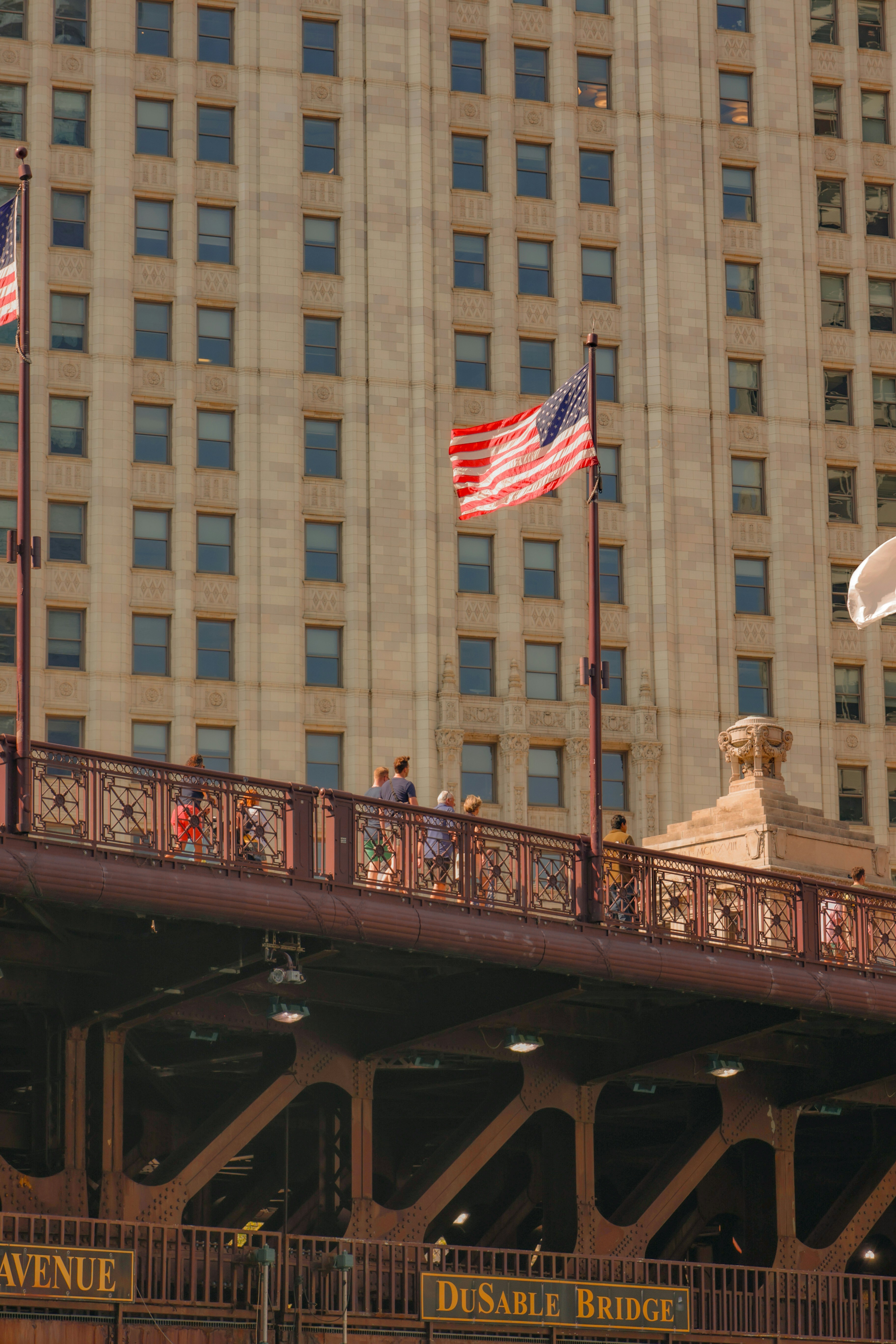 Flag Above the DuSable Bridge: Morning Light on Chicago's Riverfront