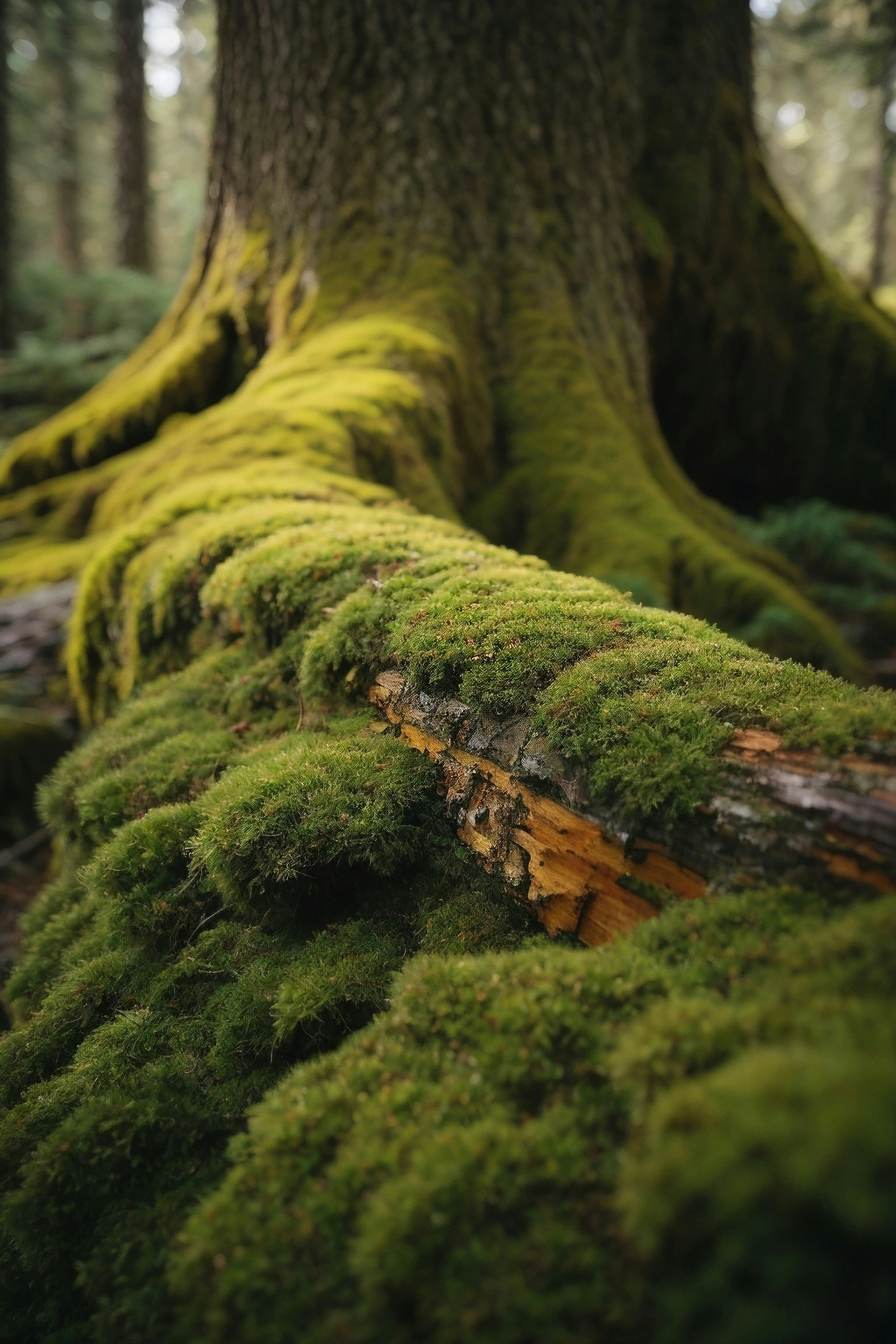 A moss covered tree trunk in the middle of a forest photo – Free Moss ...
