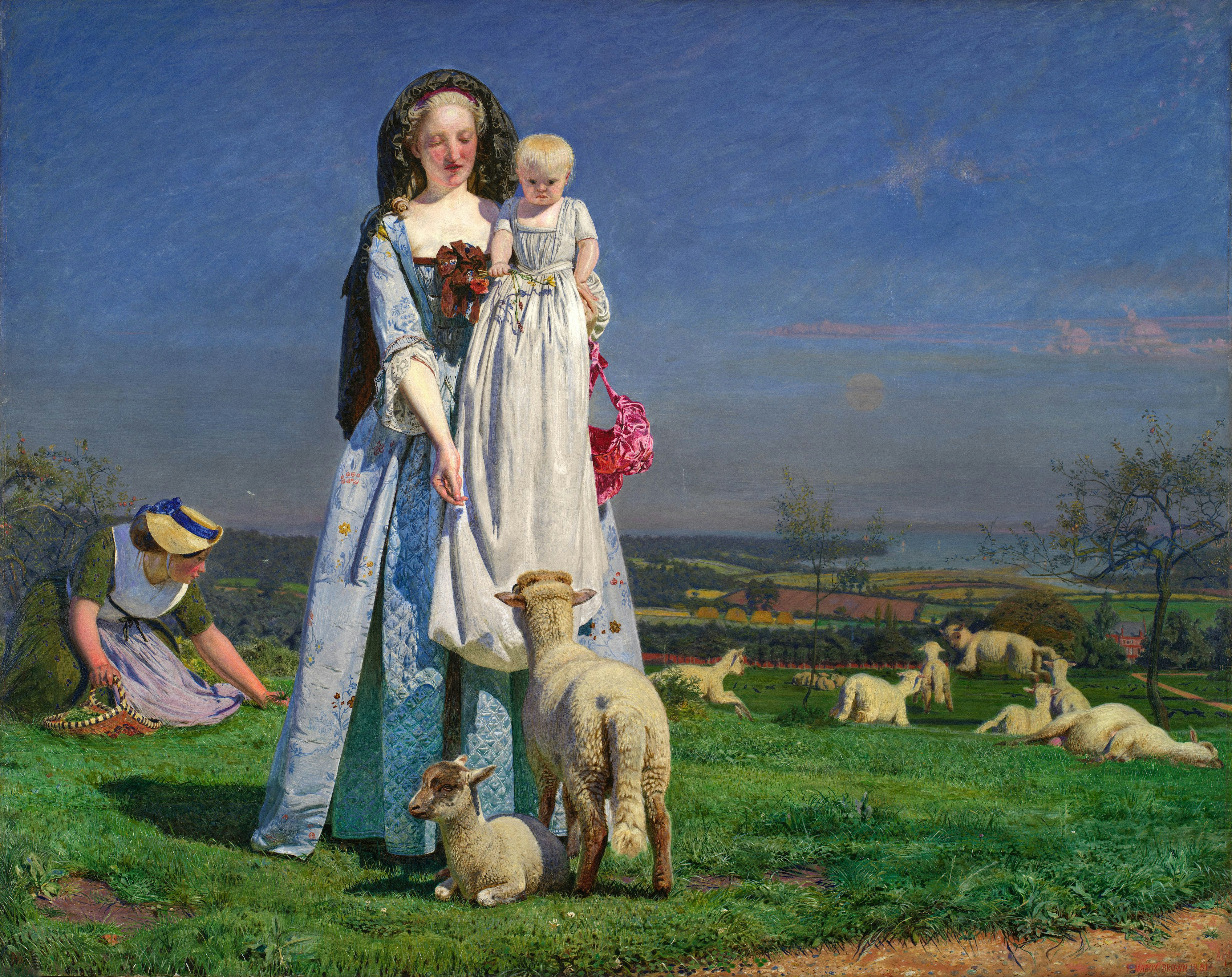Painting of two women in elegant gowns standing in a sunlit meadow, one holding a child. Sheep graze nearby as a countryside horizon stretches behind them.