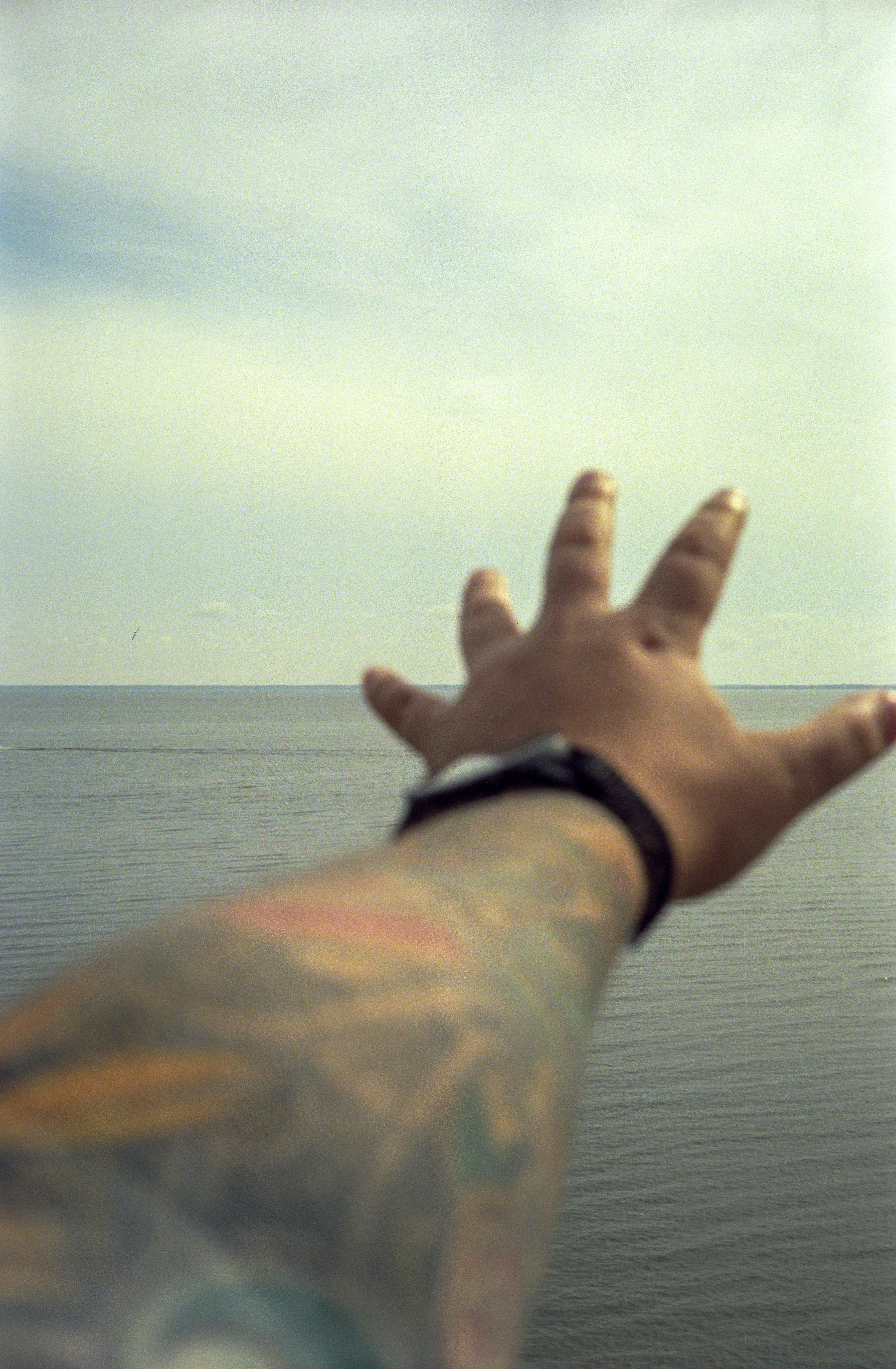 Extended Reach Over Water: Tattooed Arm Reaches for the Horizon