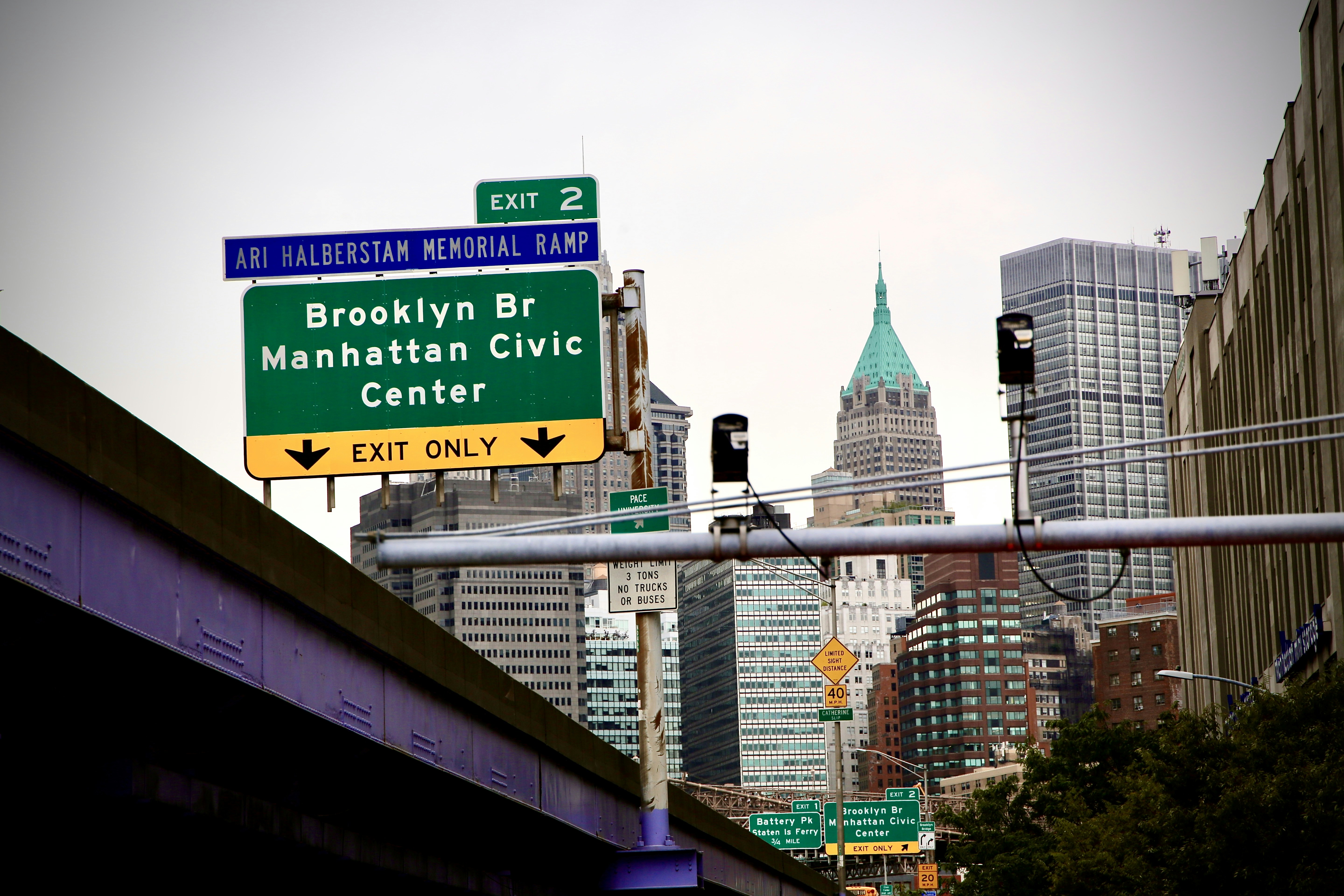 Signpost Serenade: NYC Skyline Framed by a Purple Overpass