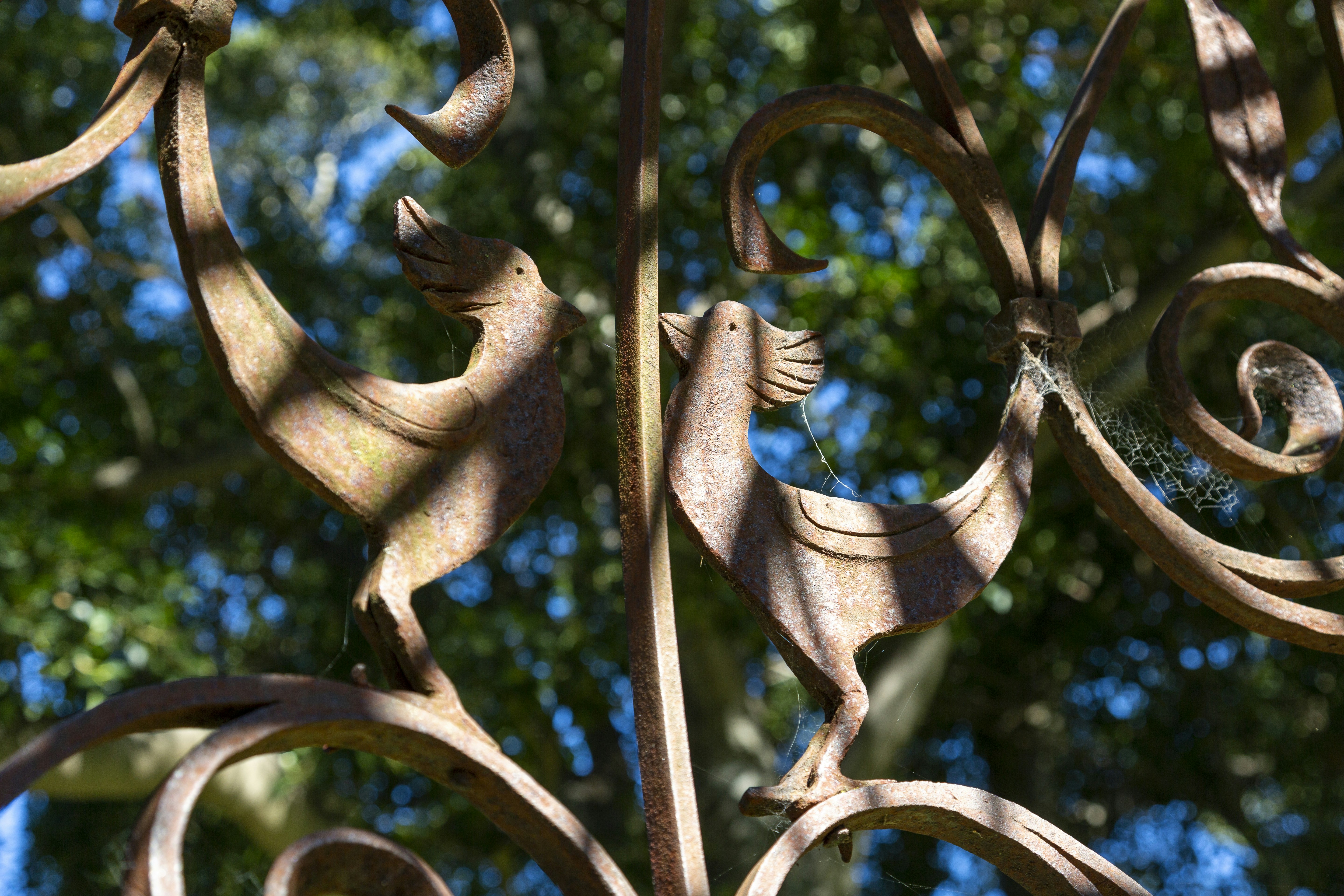 Rust-burnished Bird Figures Weave Through Curved Ironwork