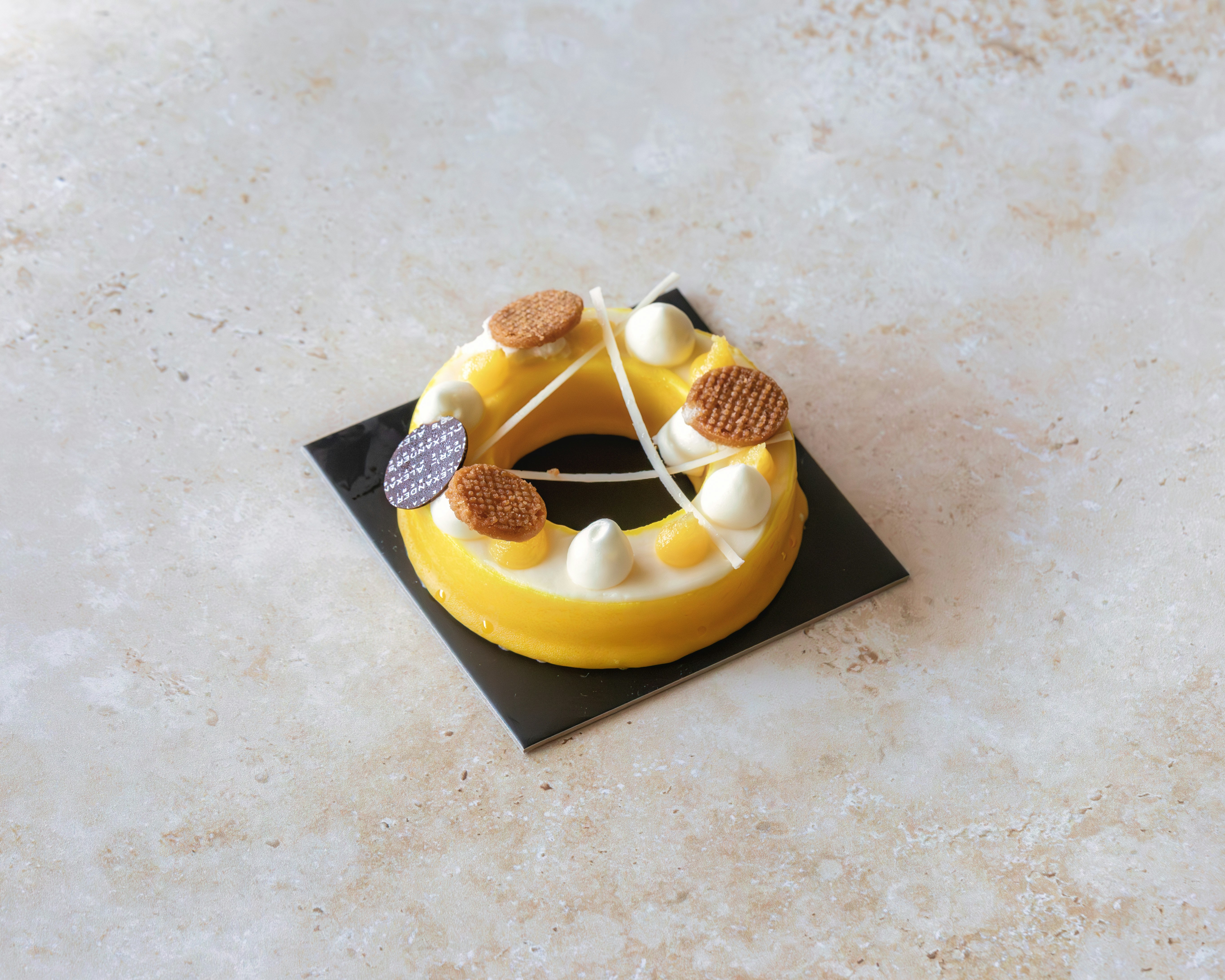 Sunlit Yellow Cake on Slate: Whipped Cream Jewels and Cookie Orbs