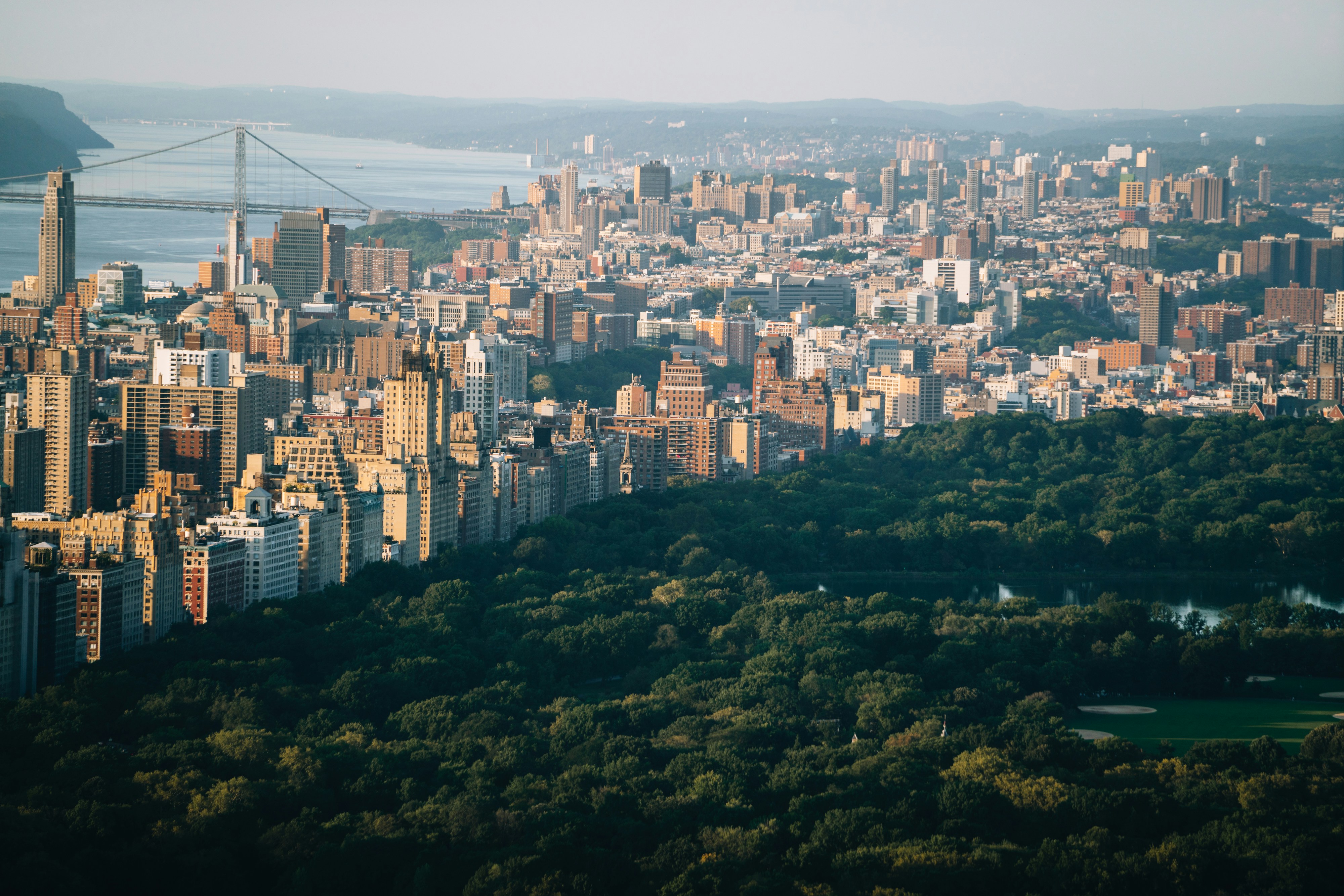 Verdant Foreground, Steel Skyline: A Parkside Panorama of Manhattan