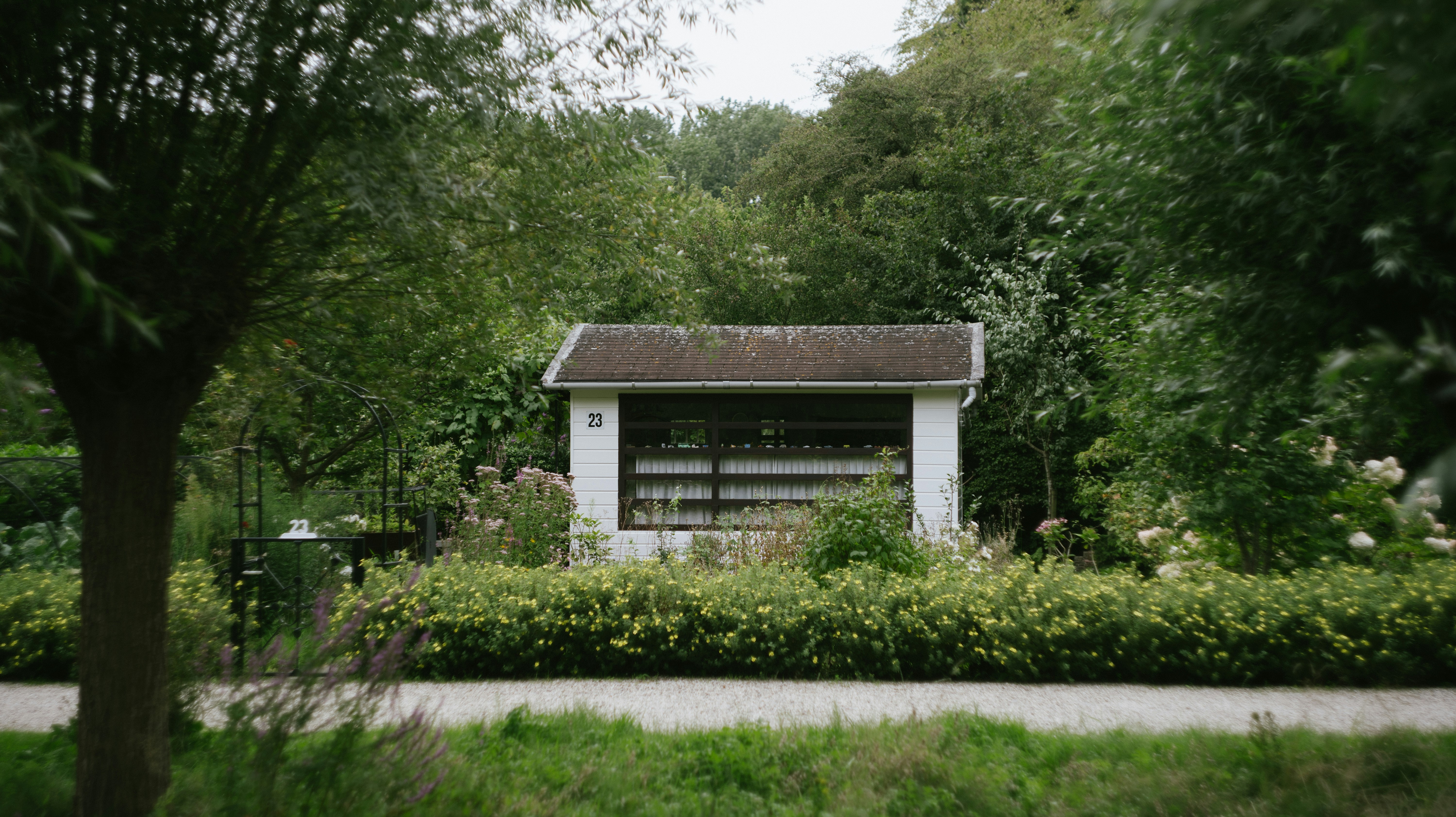 White Garden Shed Framed by a Living Green Corridor