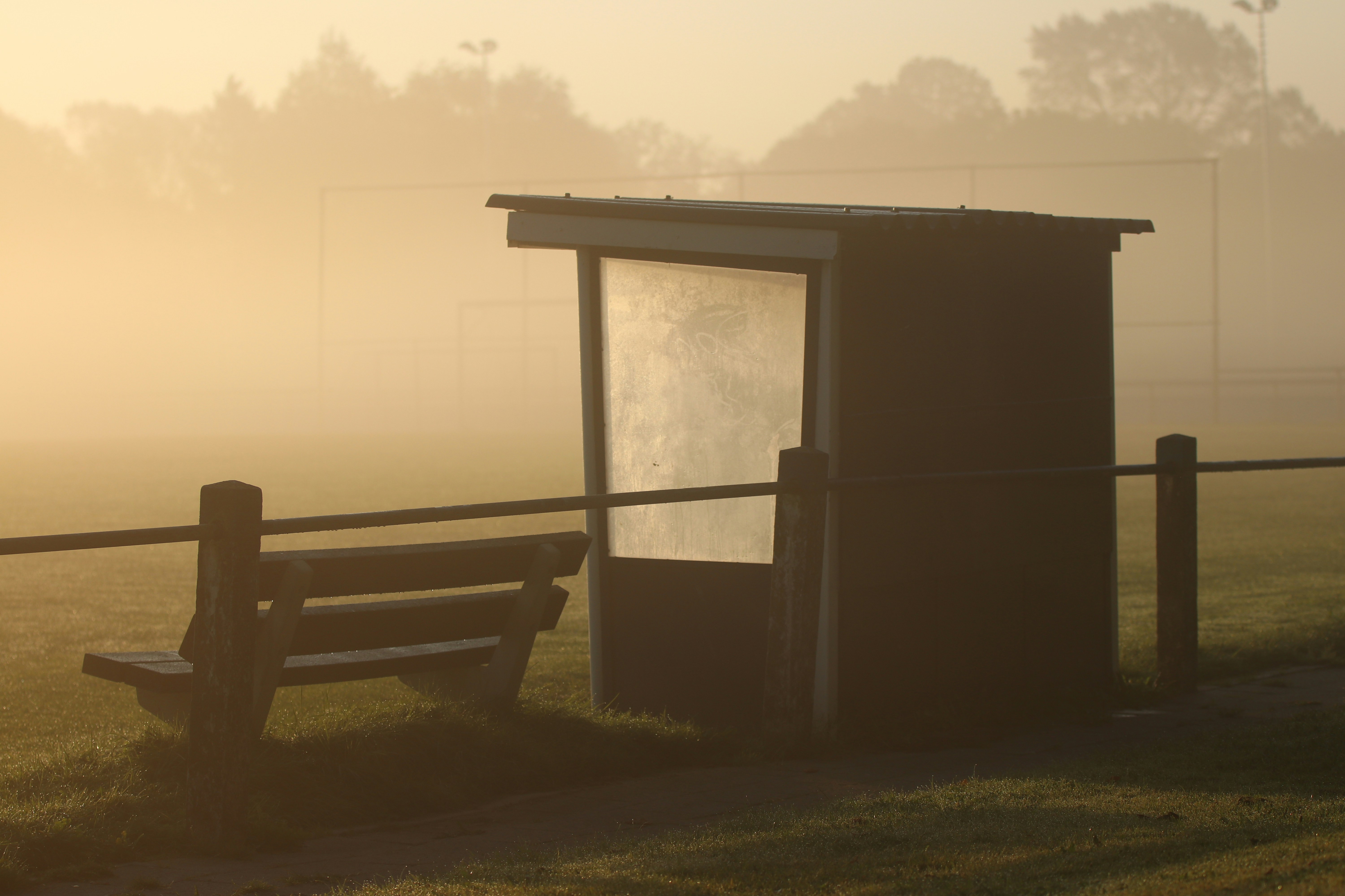 A solitary shelter stands shrouded in morning mist, with a bench nearby, evoking a sense of tranquility on a foggy sports field.