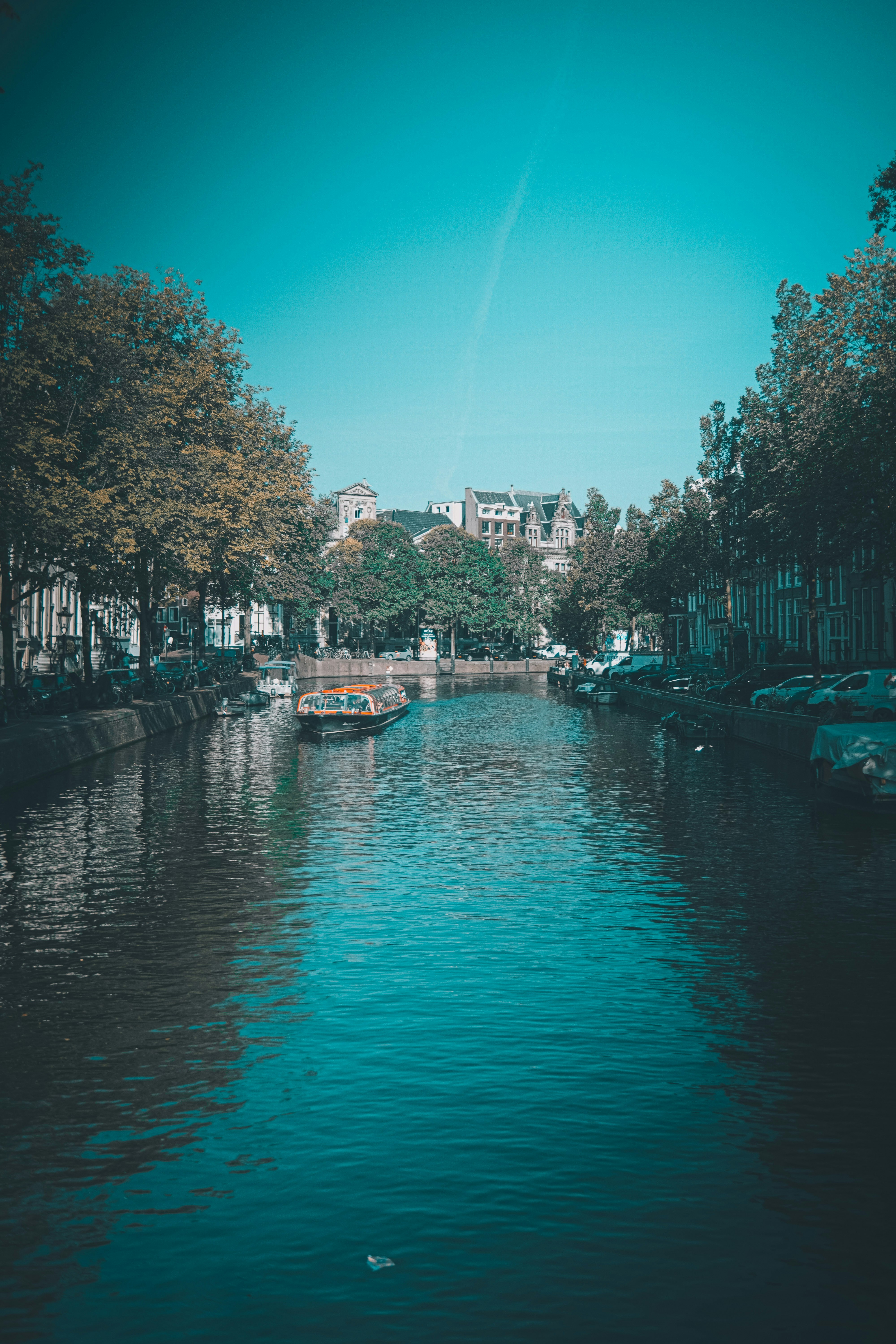a river with a boat on it surrounded by trees