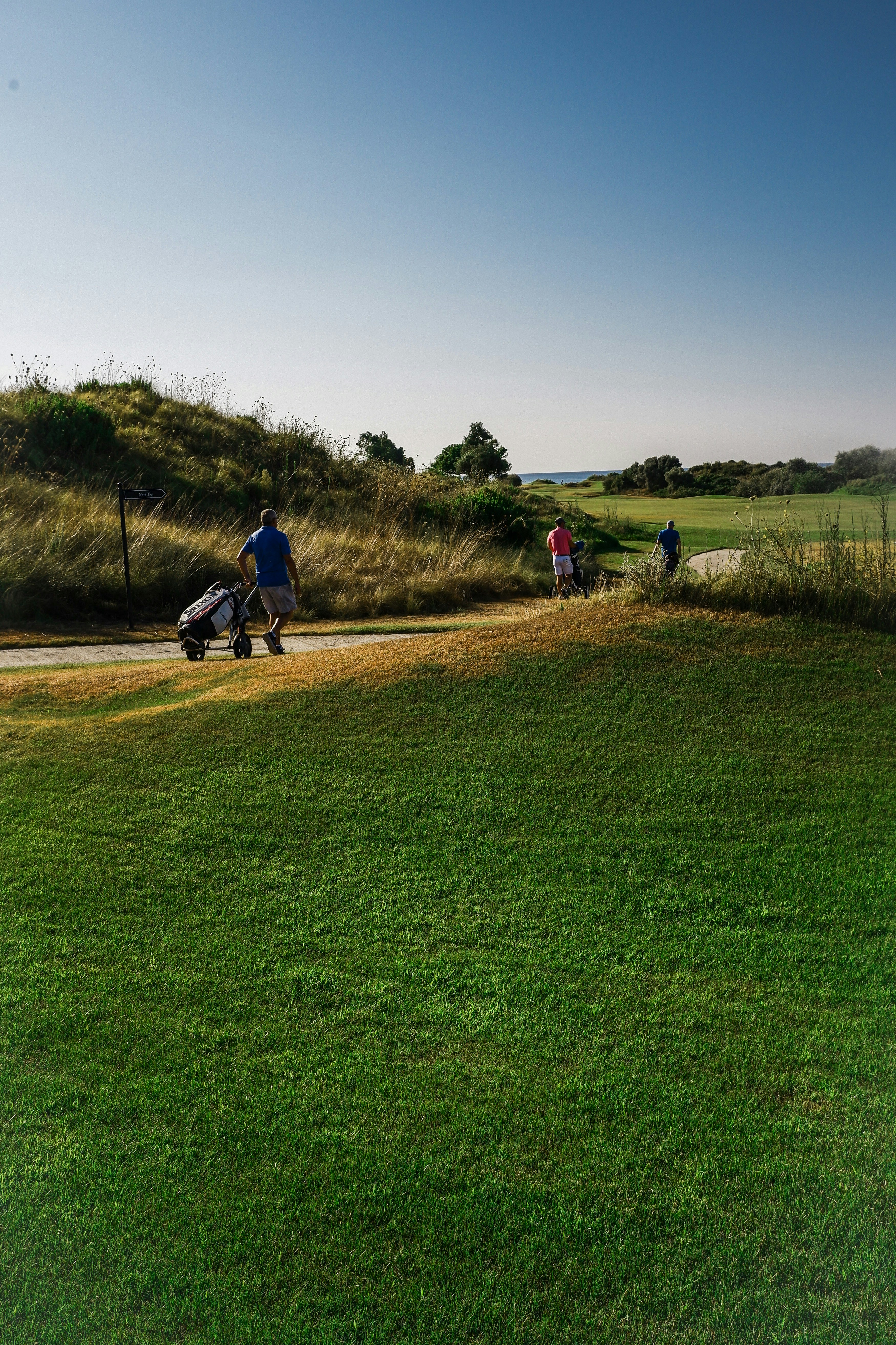 Strollers, Grass, and a Sunlit Fairway: A Quiet Golf-Course Moment