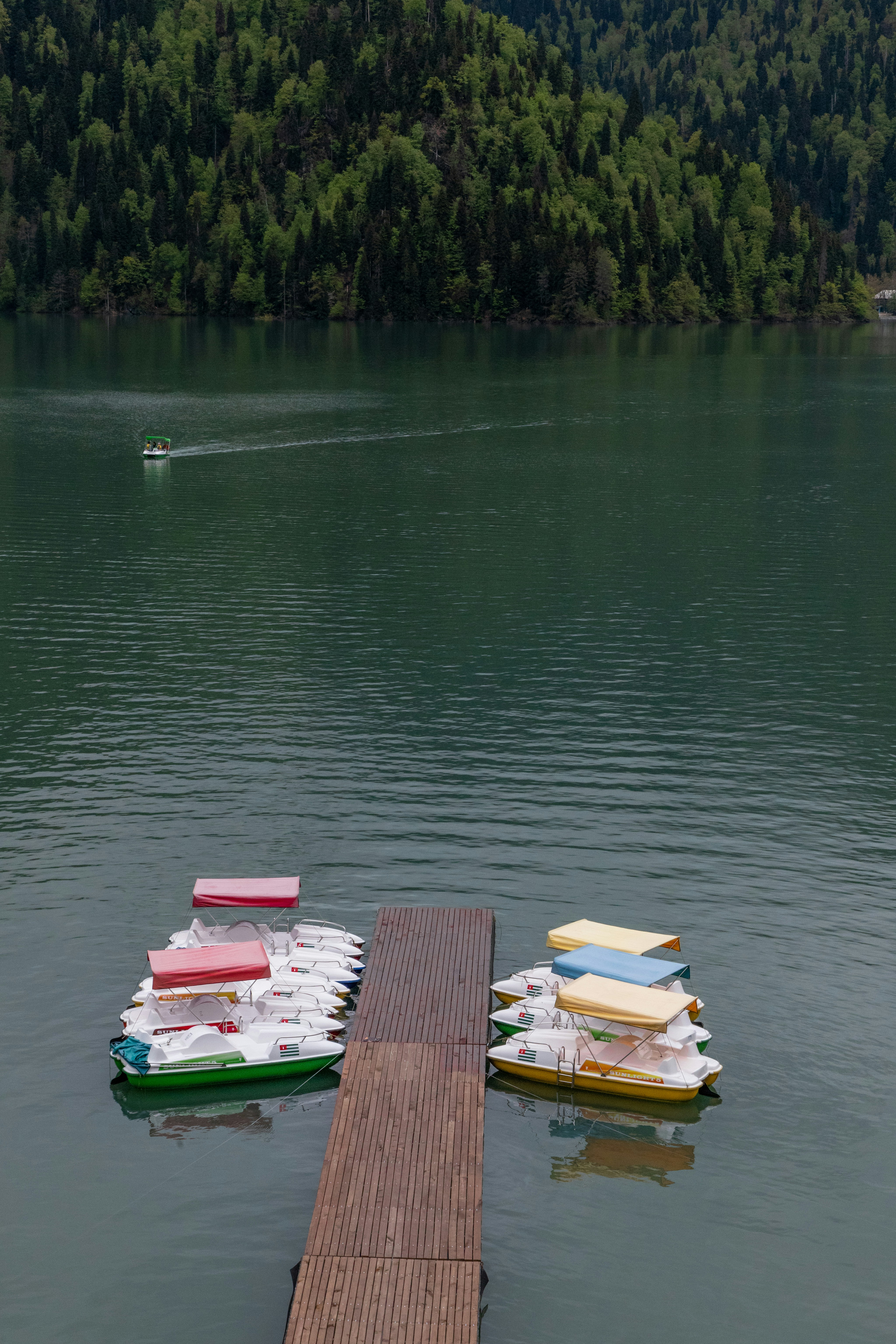 Colorful Pedal Boats Anchored at a Quiet Lake Dock Against a Forested Backdrop