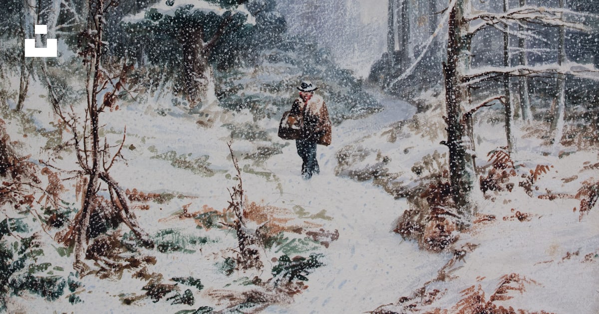 눈 덮인 숲을 걷는 남자의 그림 사진 Unsplash의 무료 수채화 그림 이미지