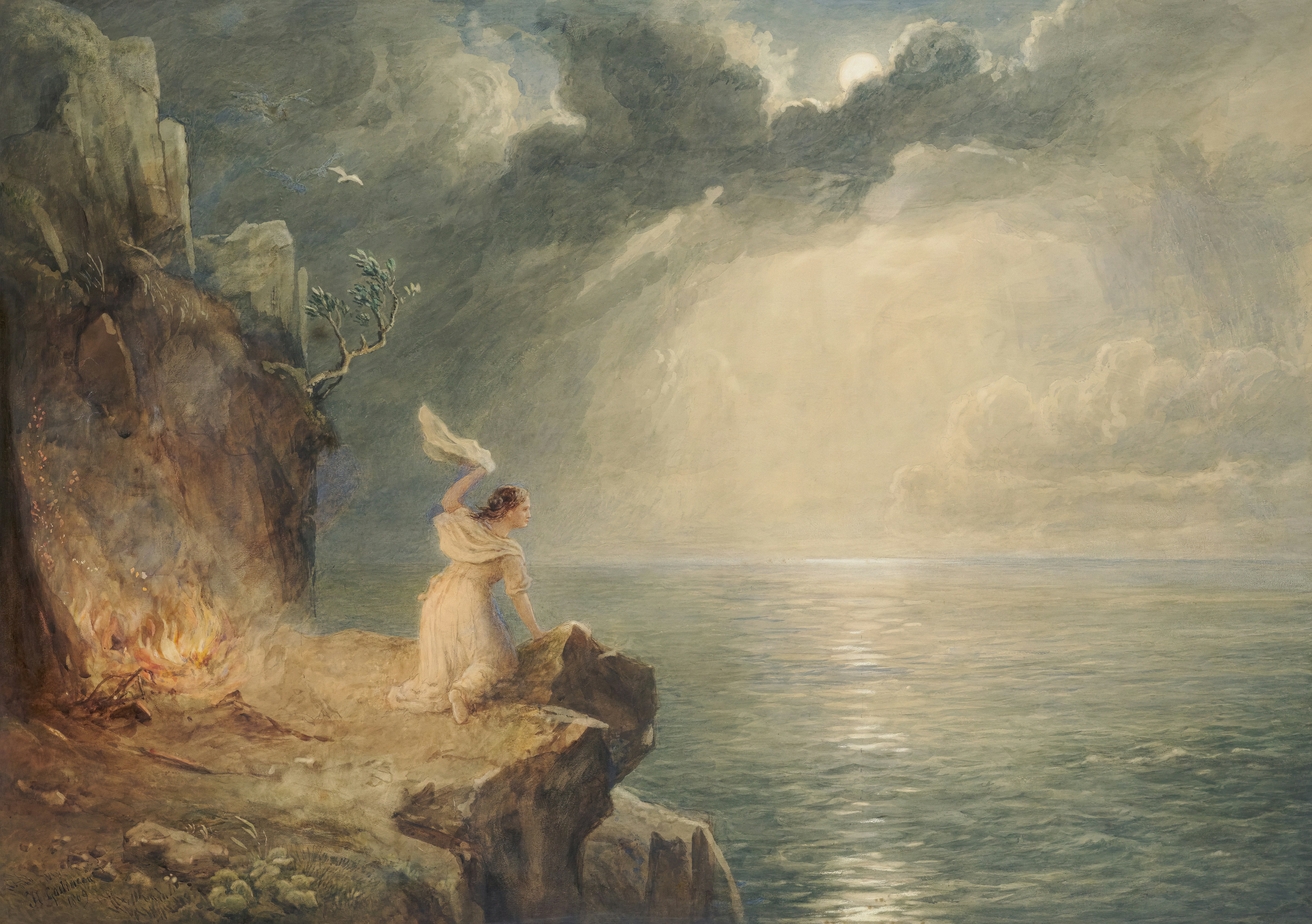 A painting of a woman sitting on a cliff photo – Free Sea painting ...