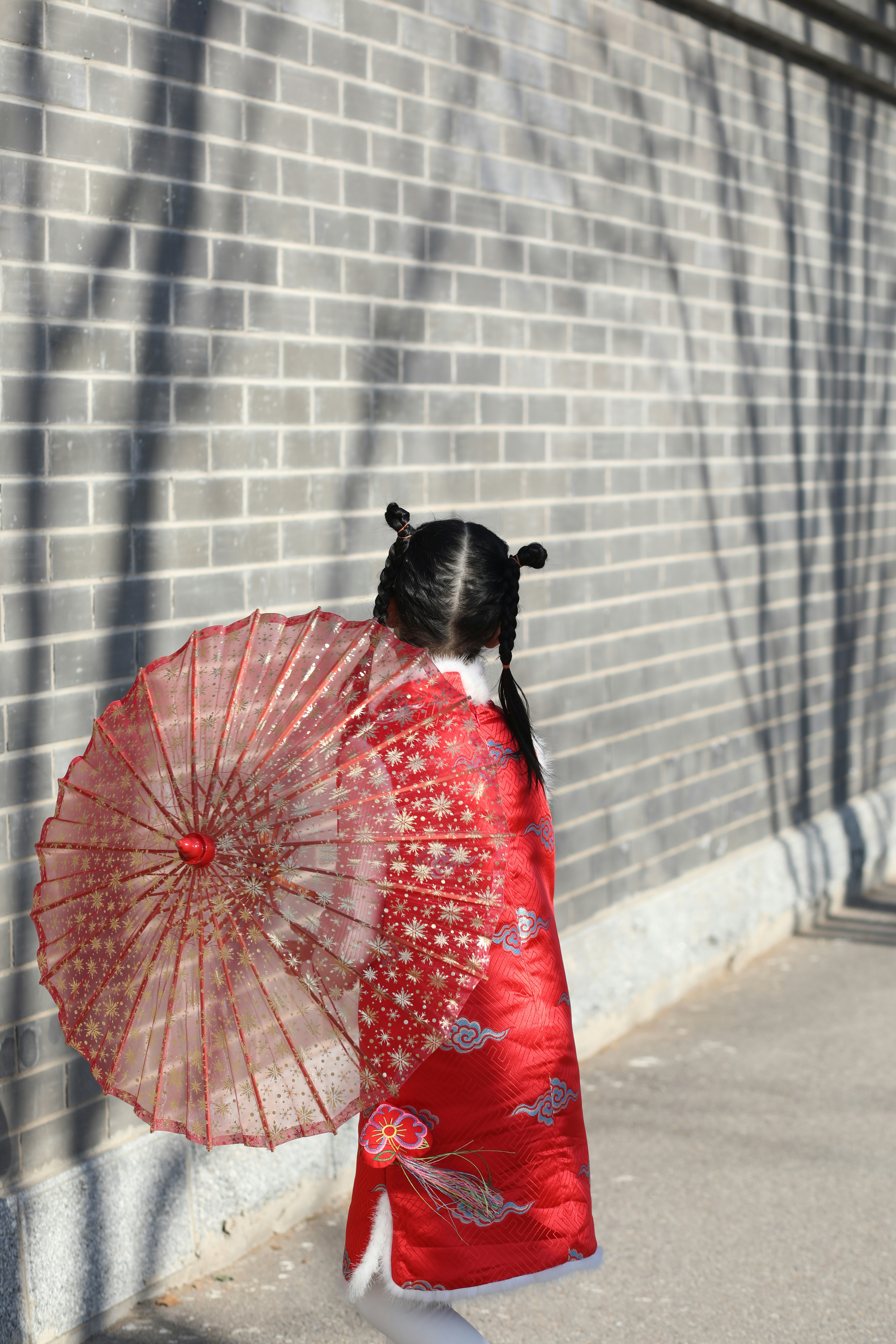 Crimson Kimono by Sunlit Brick: A Quiet Street Moment