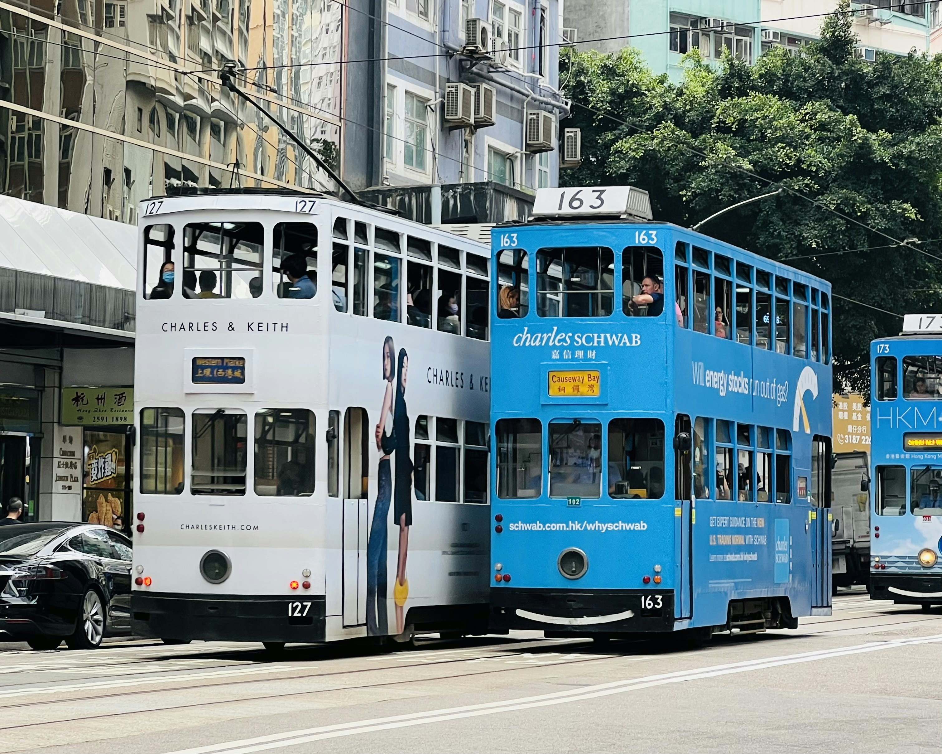 Twin Trolley Parade: White, Sky-Blue, and Azure in Motion