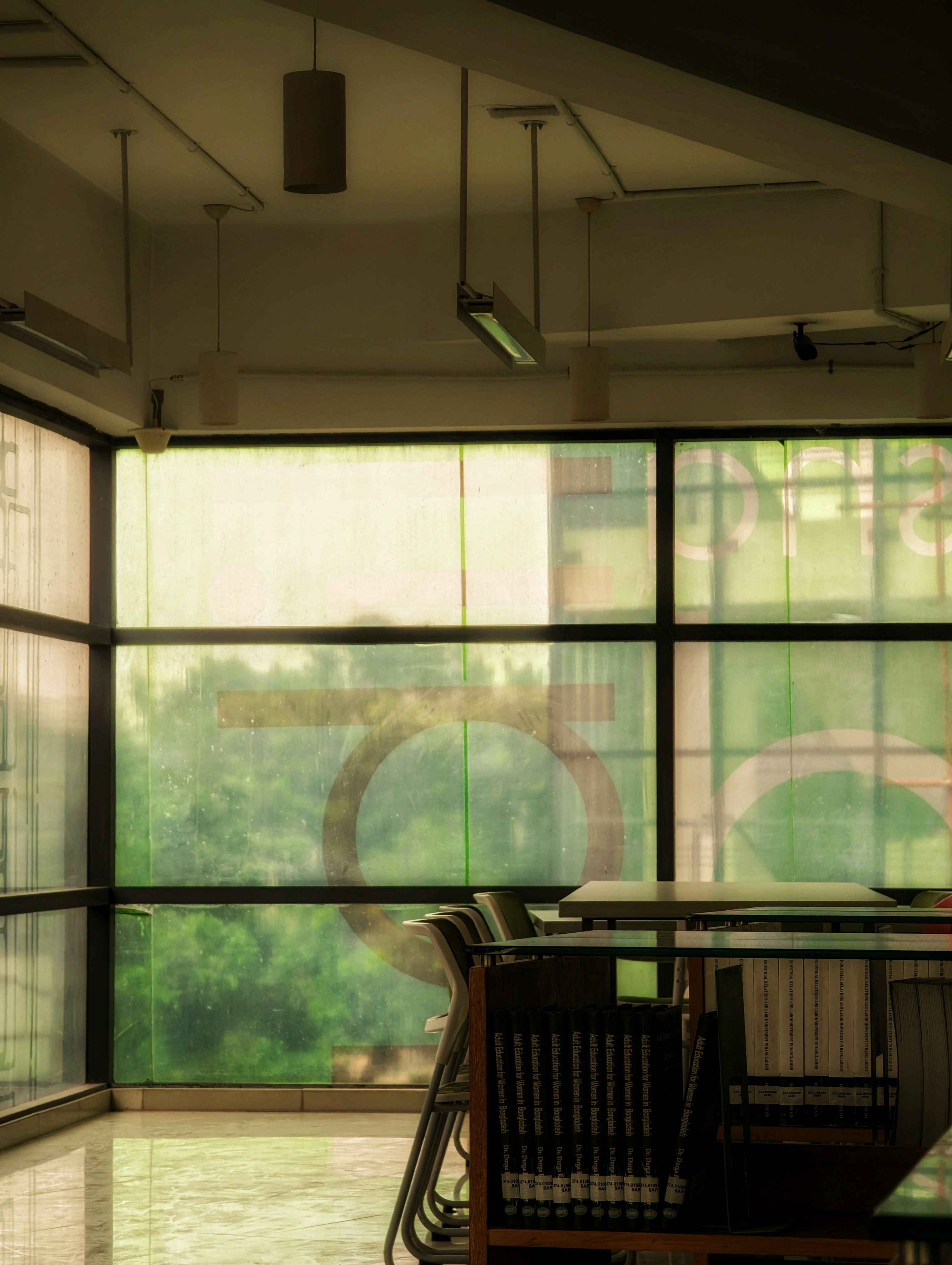 Photograph of a sunlit café interior seen through green-tinted windows with empty chairs and tables.