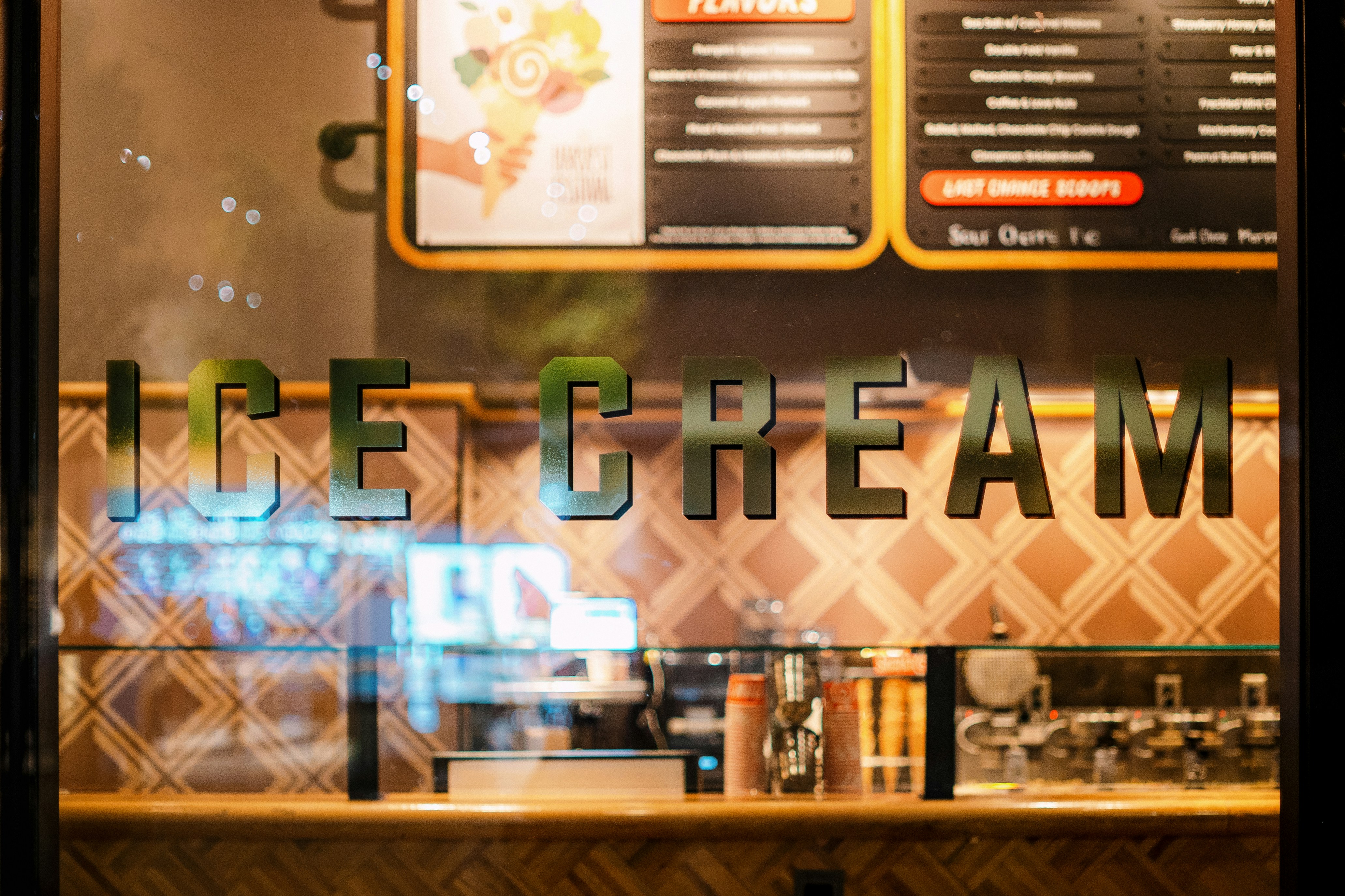 Ice Cream Window: Neon Reflections and Warm Amber Glow