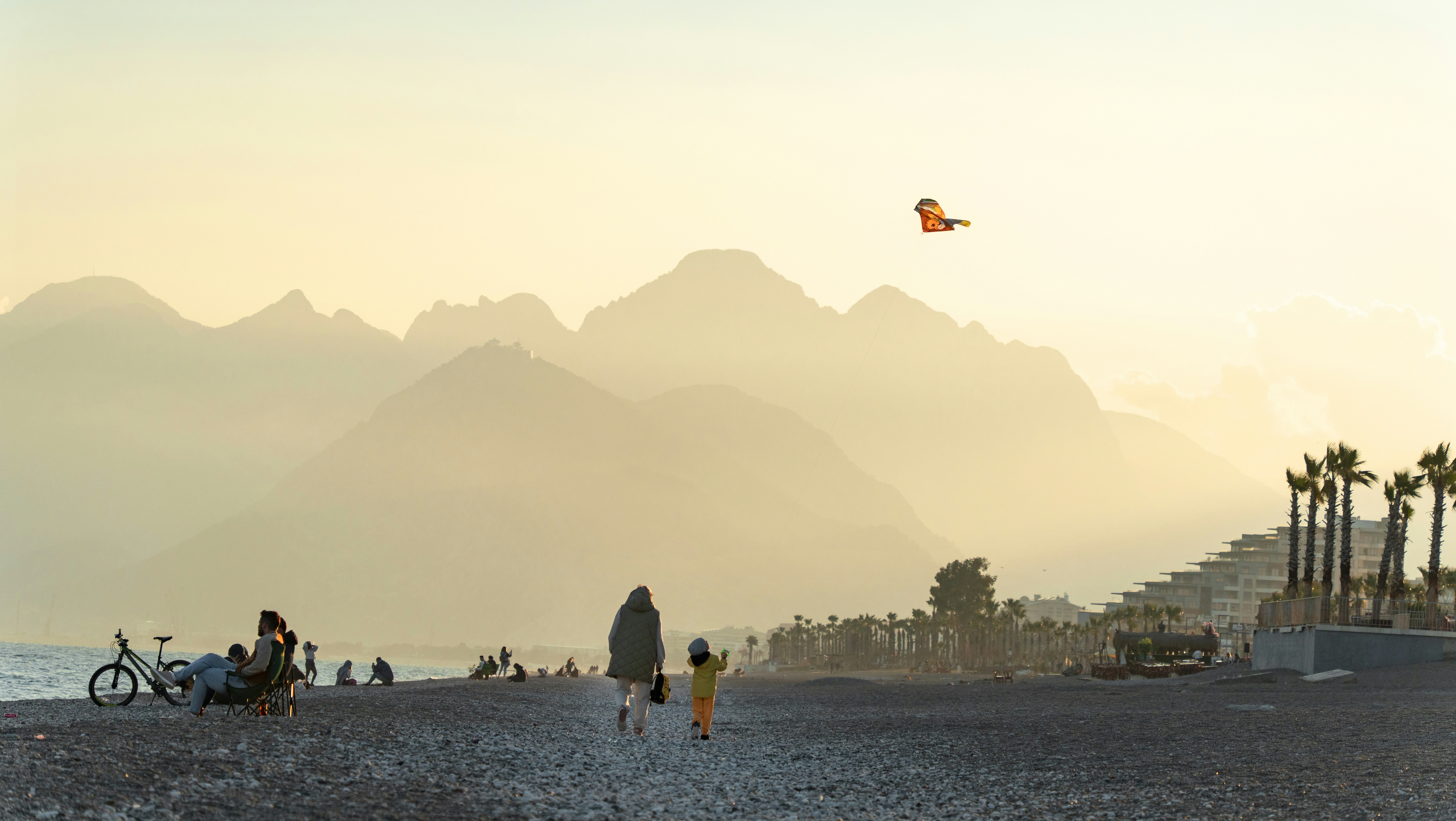 a group of people on a beach flying a kite