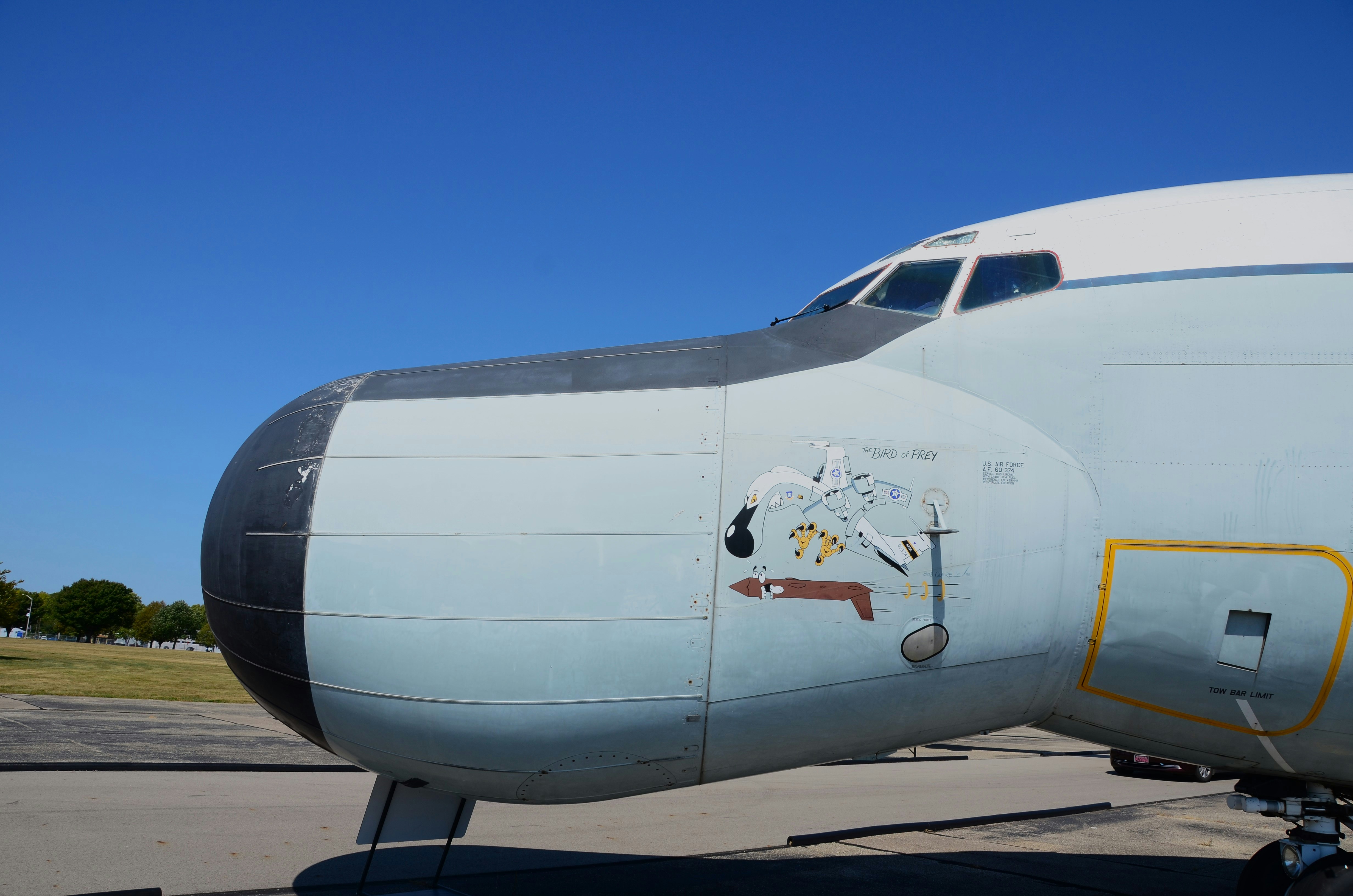 Nose Art and Azure Sky: A Close-Up of a Jet's Forward Hull on a Sunny Tarmac