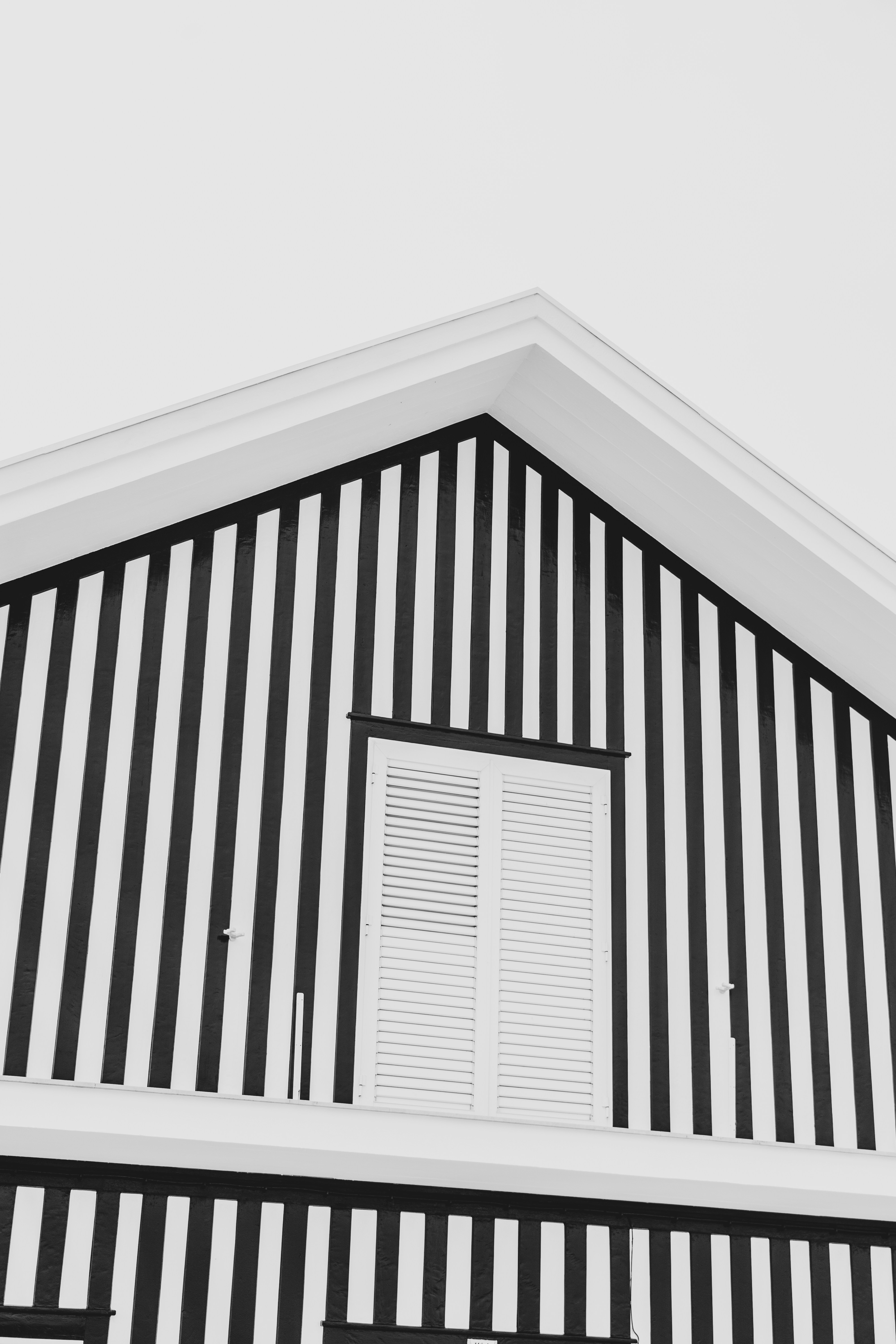 Rhythmic Facade: Vertical Stripes Framing a Central Door on a Monochrome Gable