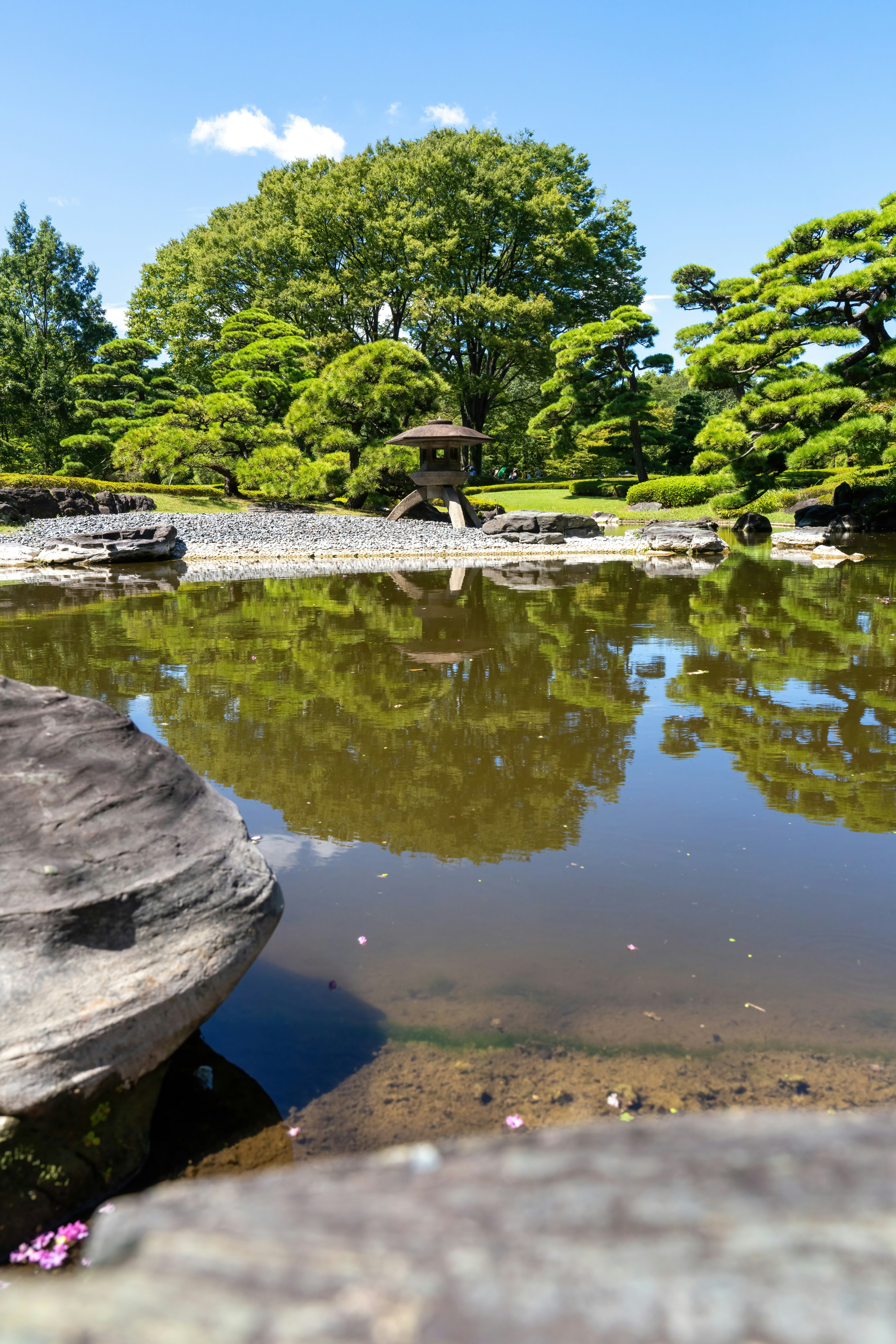 Stone Lantern Over Calm Pond: Tranquil Symmetry in a Japanese Garden