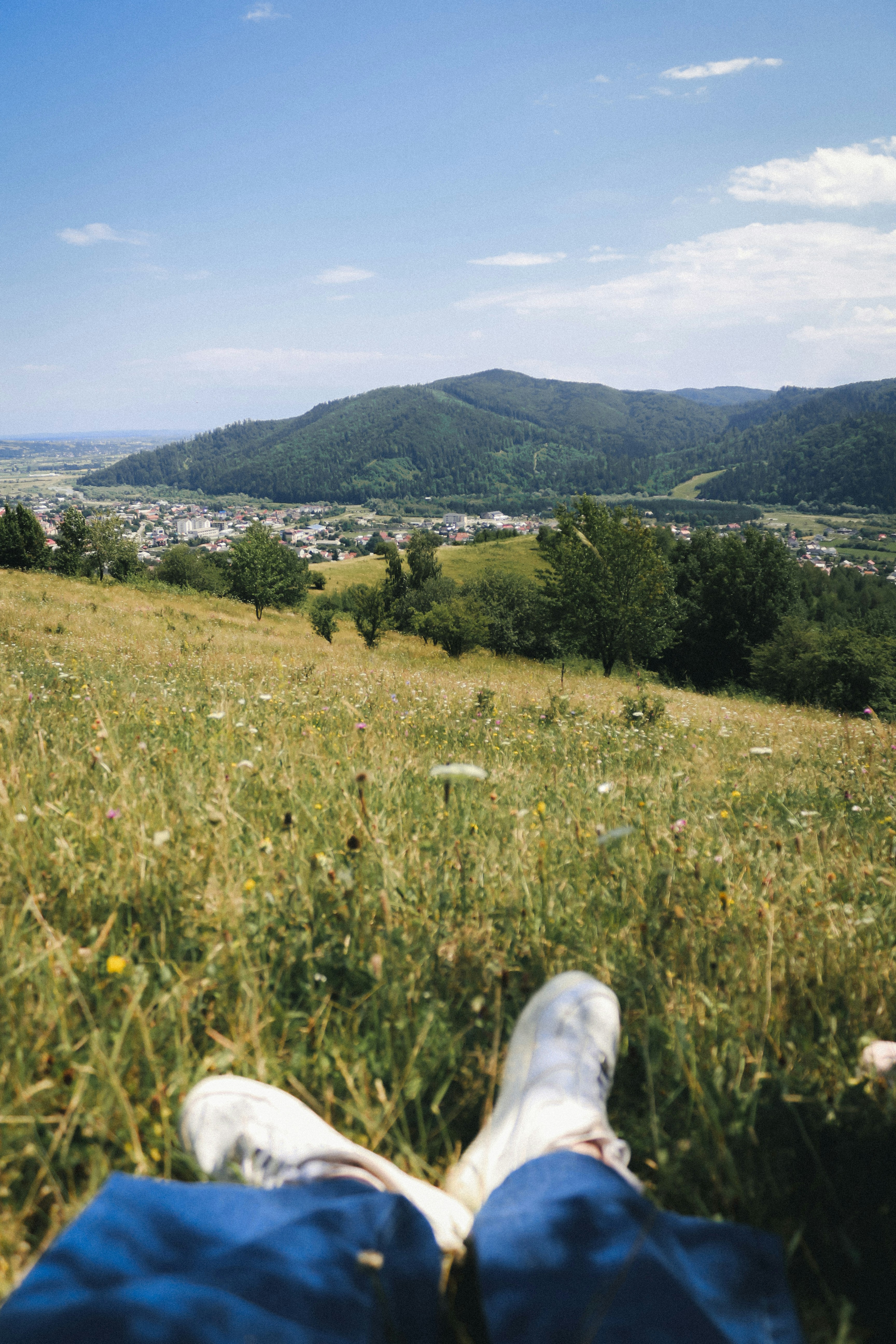 Legs in the Meadow: Overlooking a Valley Village from a Hilltop
