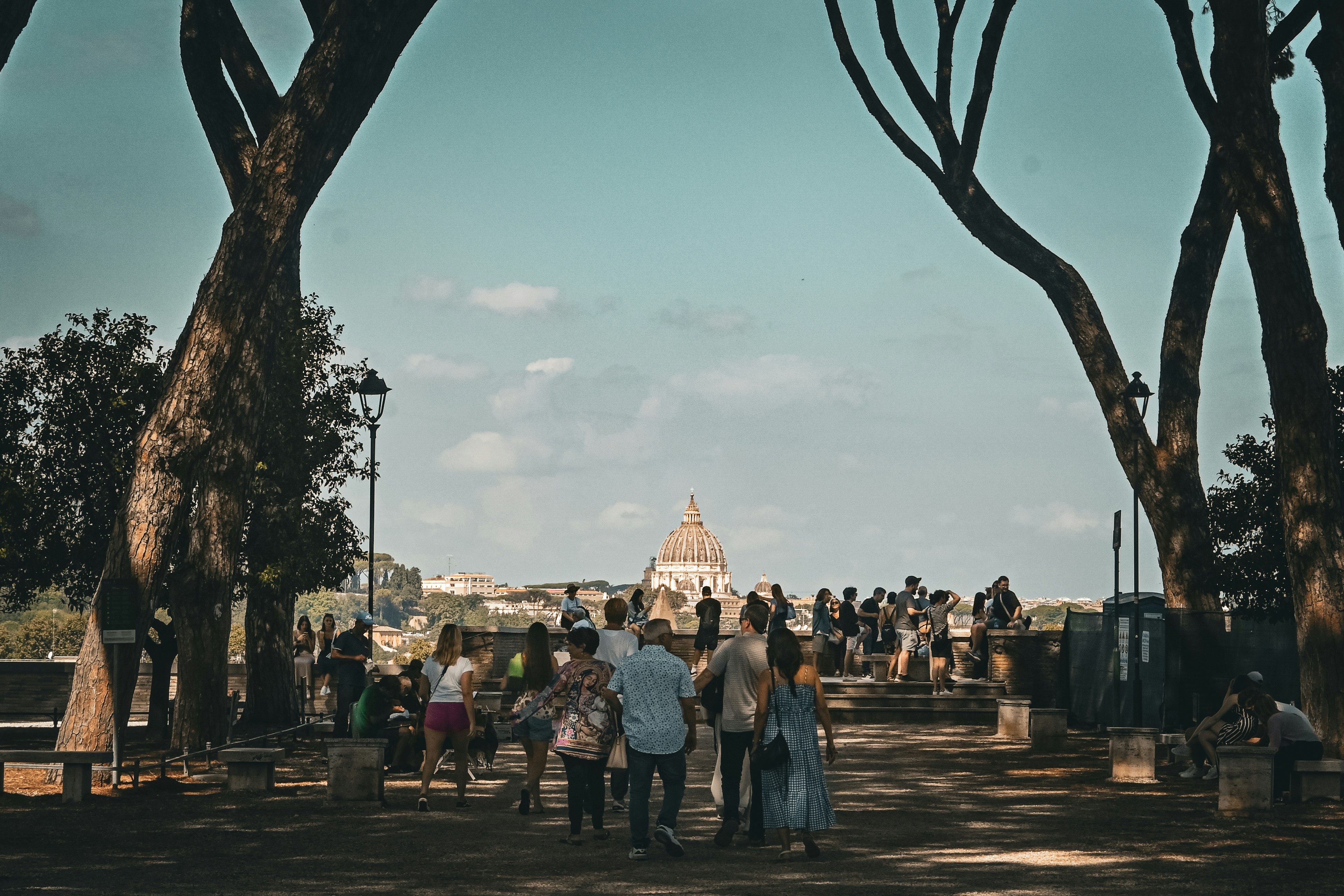 Crowd on a scenic overlook with distant capitol dome framed by twisting trees